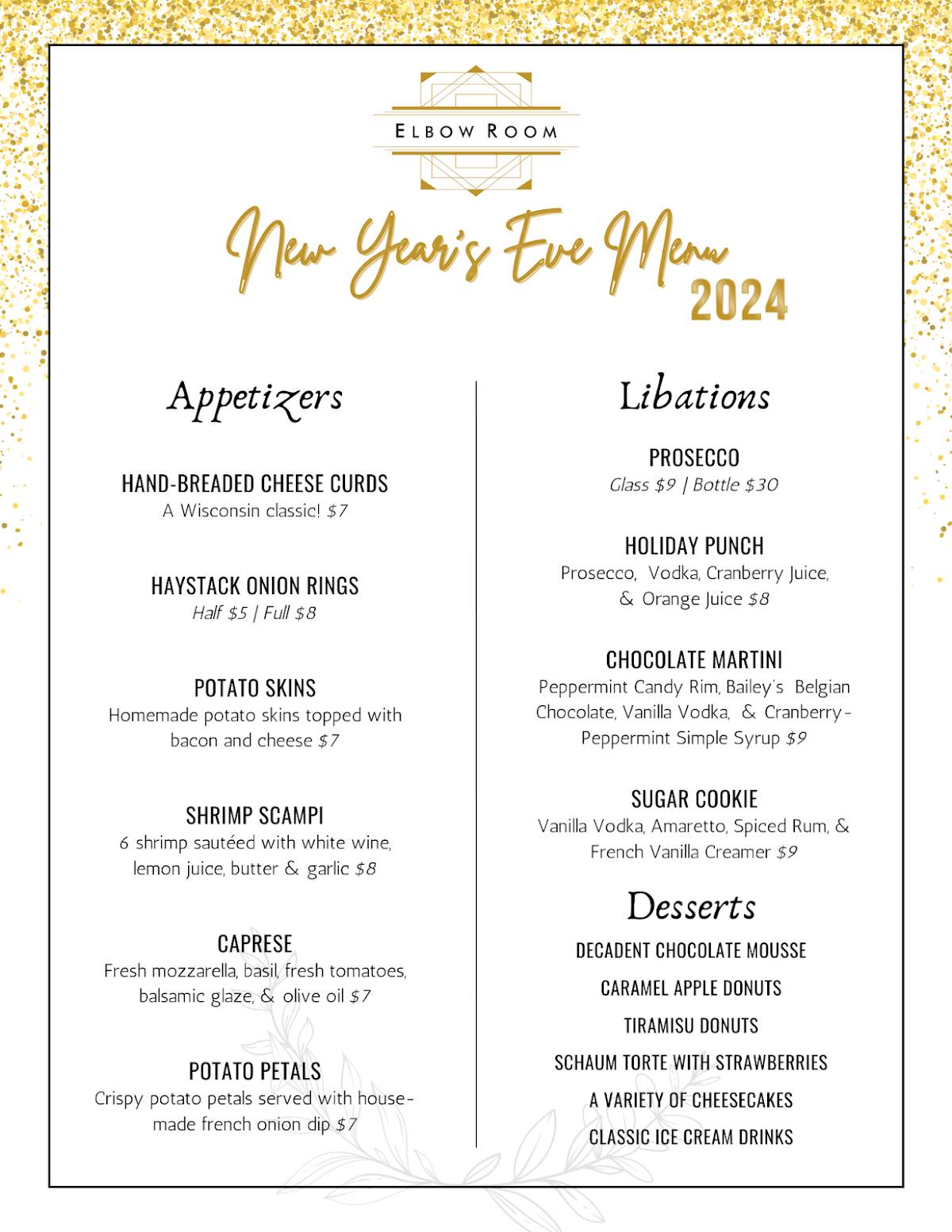 Menu at The Elbow Room steakhouse, Manitowoc