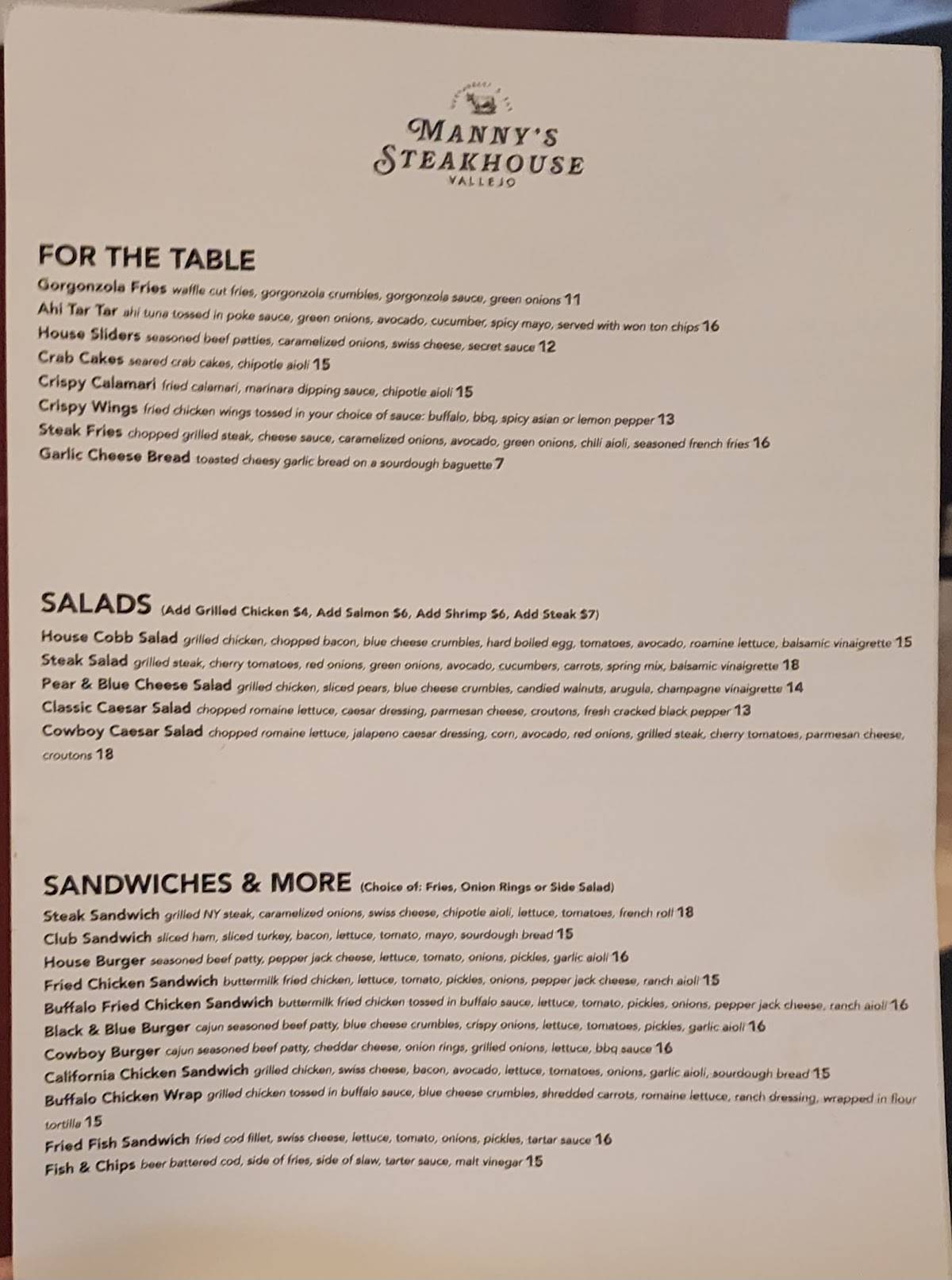 Menu at Manny's Steakhouse, Vallejo