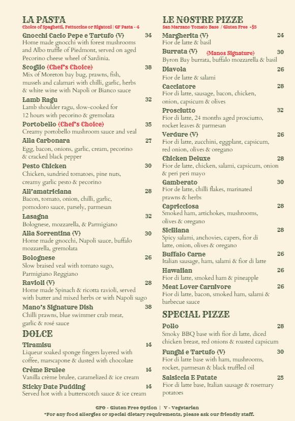Menu at Mano's Italian Restaurant, Paradise Point
