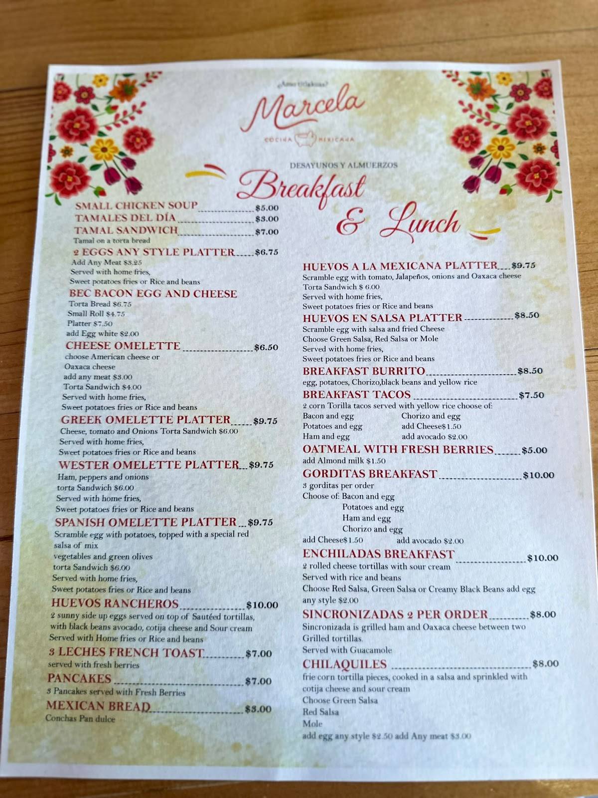 Menu at Marcela Cocina Mexicana restaurant, New York City