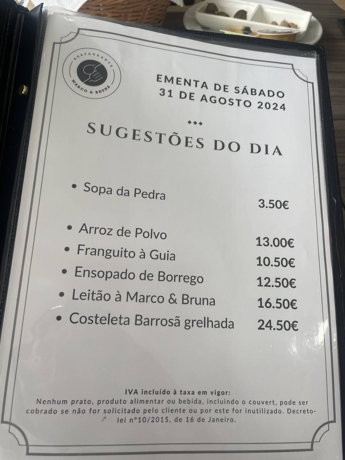 Menu at Marco e Bruna restaurant, Guia