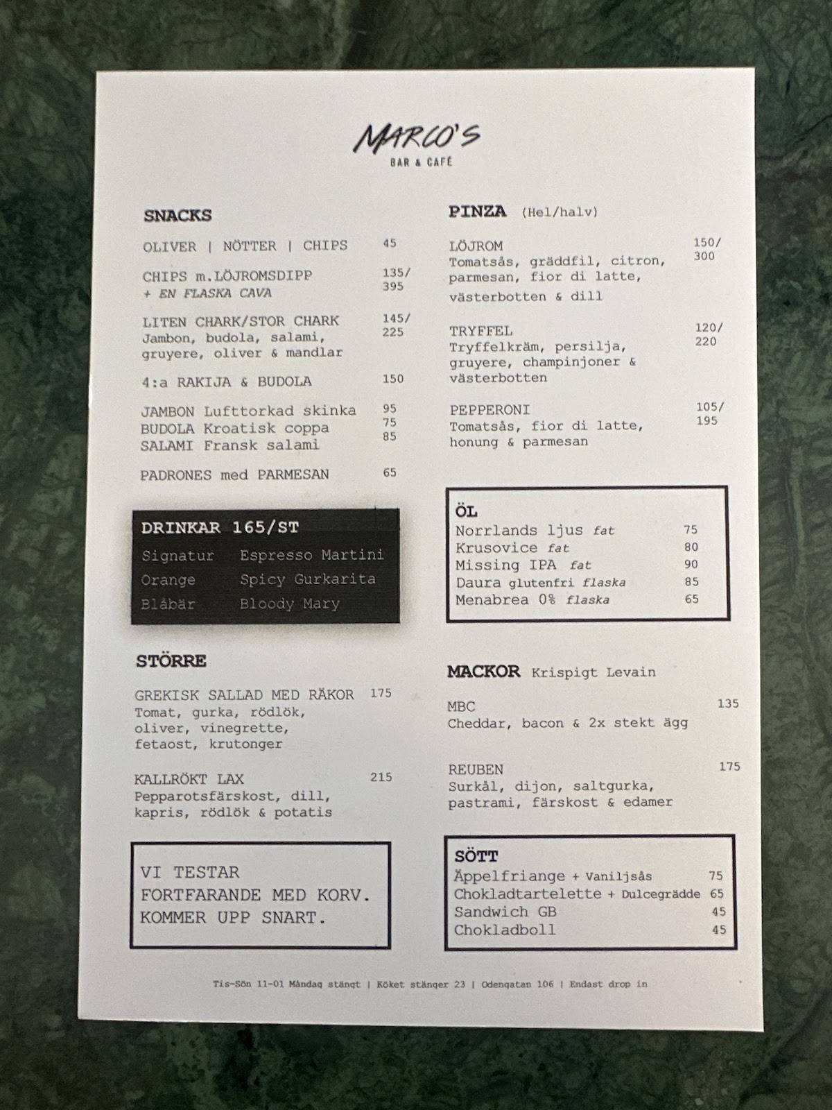 Menu at Marcos Bar & Café, Stockholm
