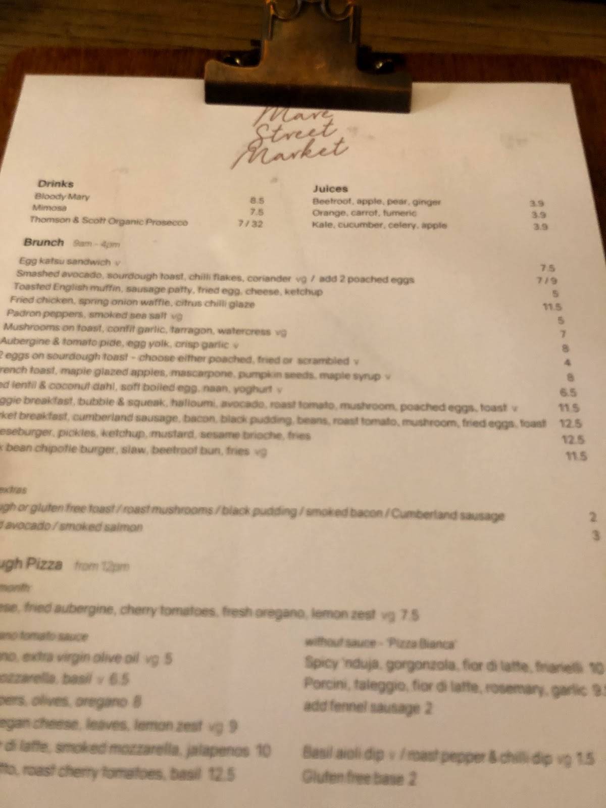 Menu at Mare Street Market restaurant, London