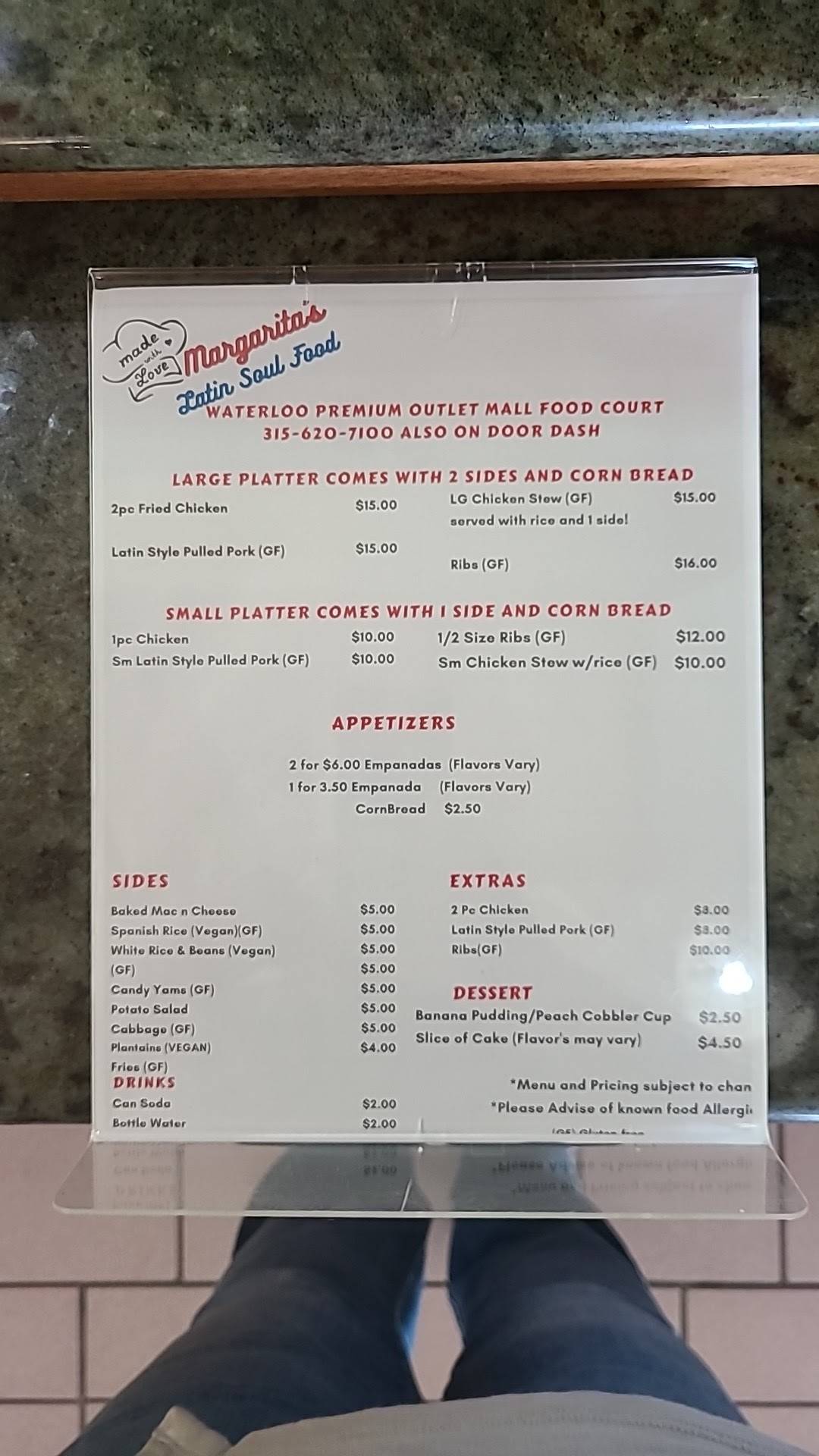 Menu at Margarita’s Latin Soul Food restaurant, USA