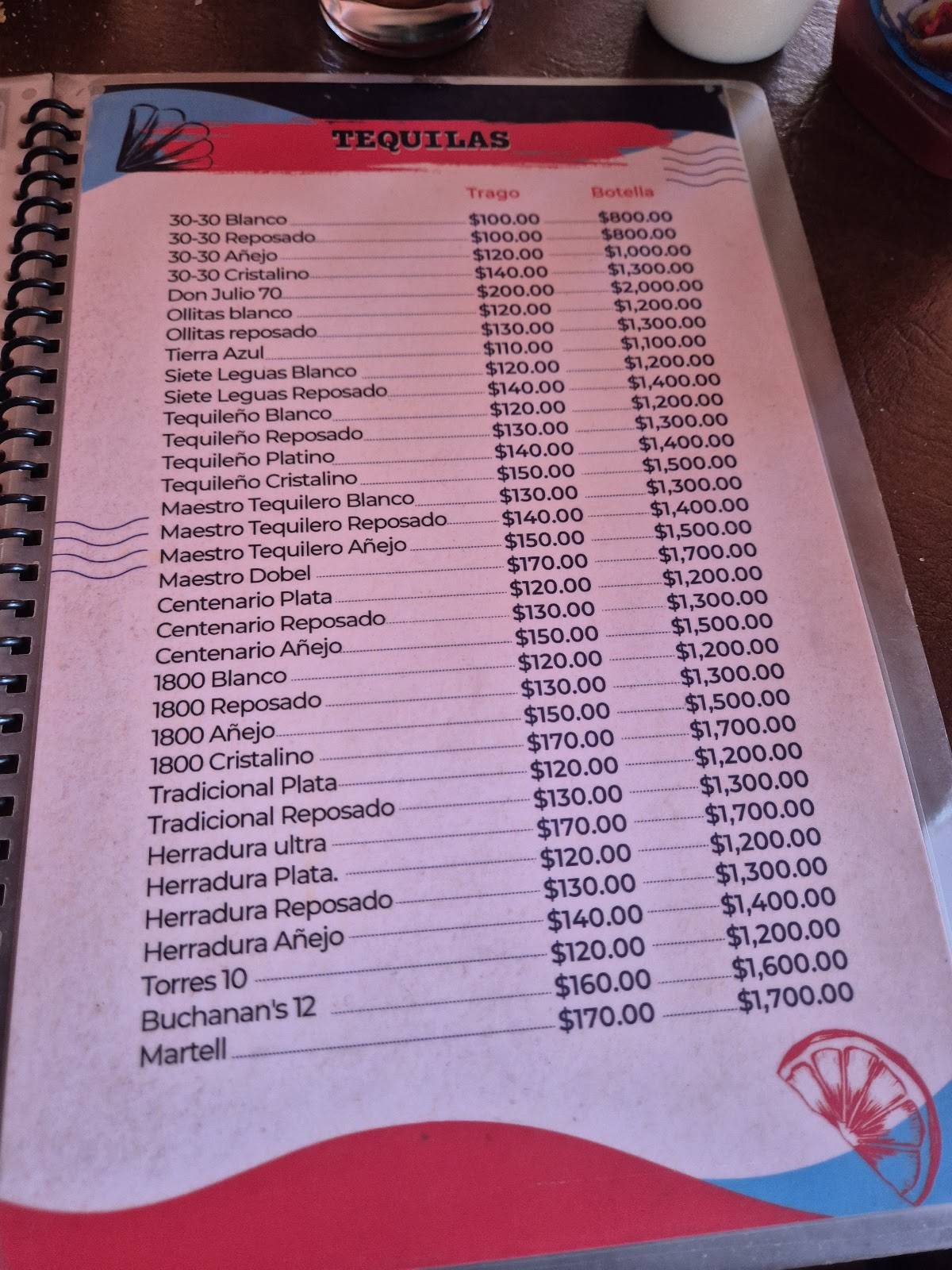 Carta del restaurante Mariscos "El Cachetes", Tequila