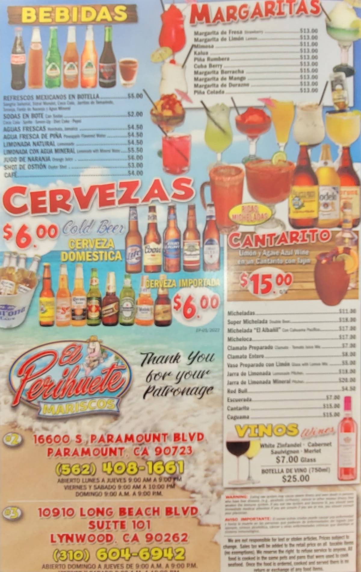 Carta del restaurante Mariscos El Perihuete, Paramount, Paramount Blvd