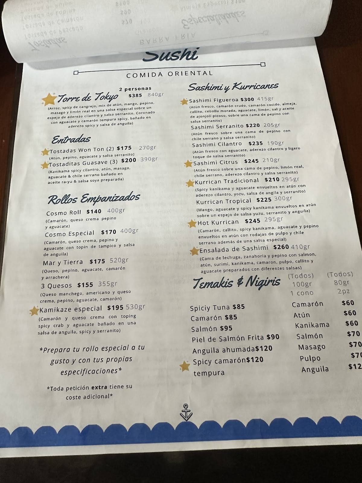 Carta del restaurante Mariscos Guasave, Cabo San Lucas