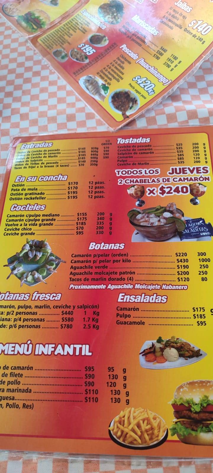 Menu at Mariscos el Patrón restaurant, Colima