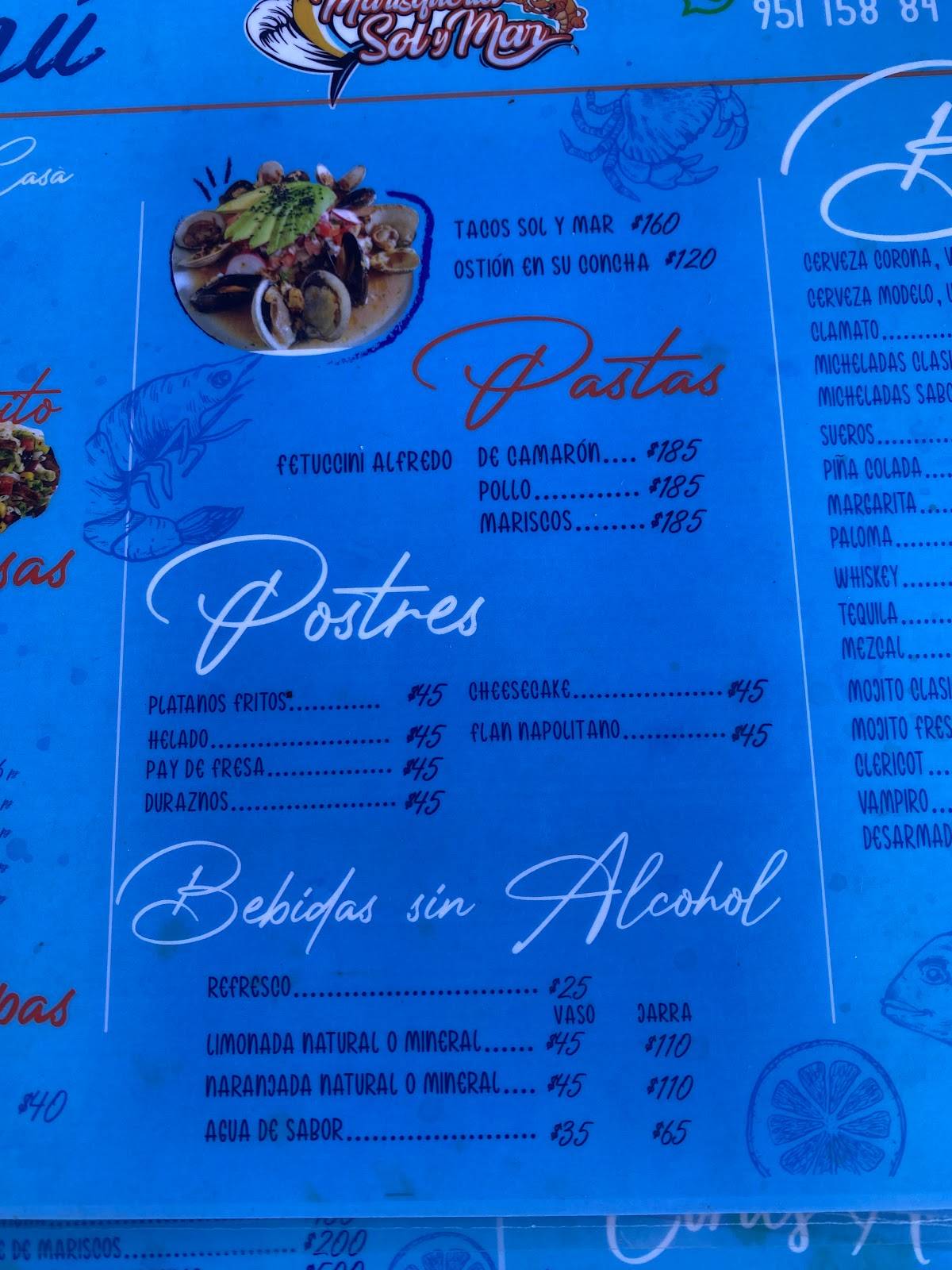 Menu at Marisquería Sol y Mar restaurant, Zimatlán de Álvarez