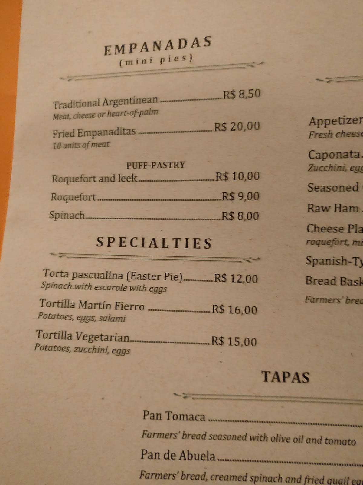 Menu em Martín Fierro restaurante, São Paulo, R. Aspicuelta