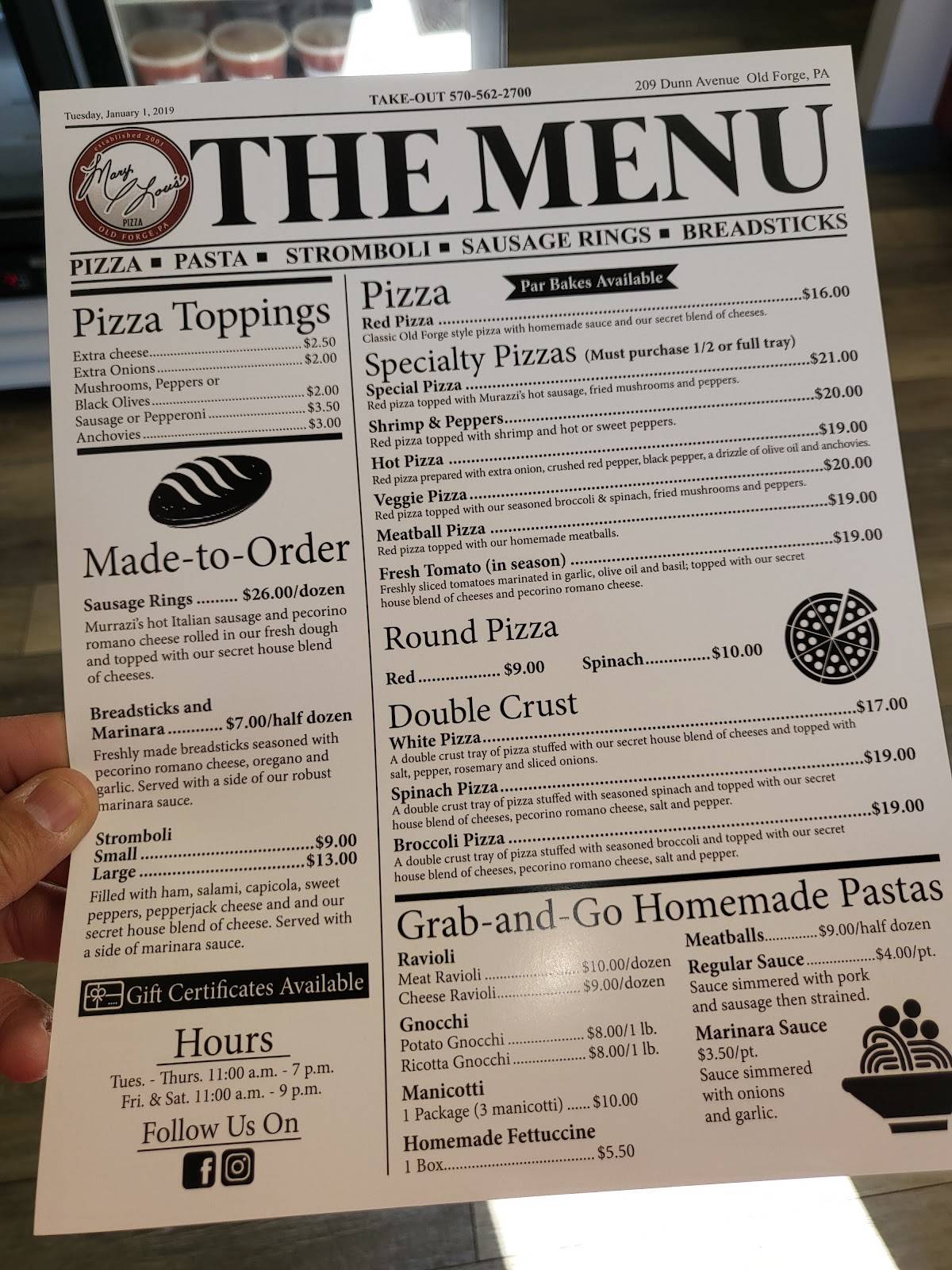 Menu at Mary Lou’s Pizza pizzeria, Old Forge, 209 Dunn Ave