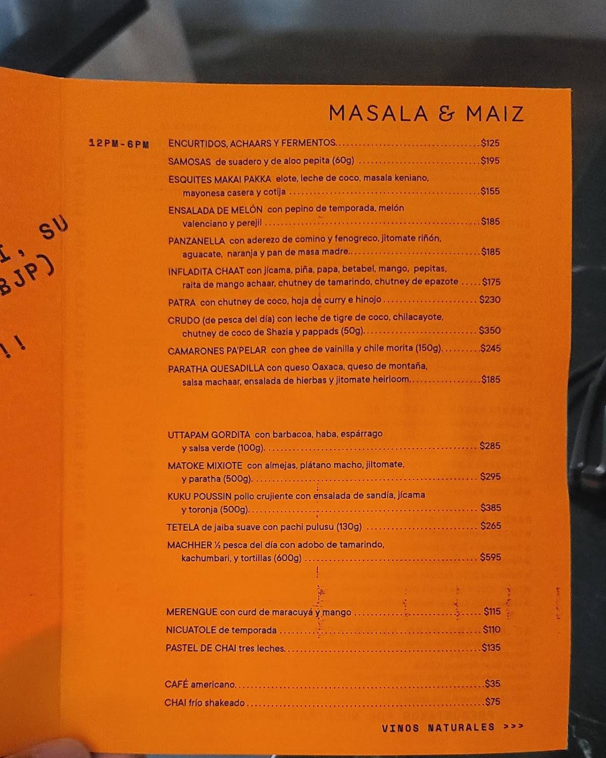 Menu at Masala y Maíz restaurant, Ciudad López Mateos, Calle Marsella 72