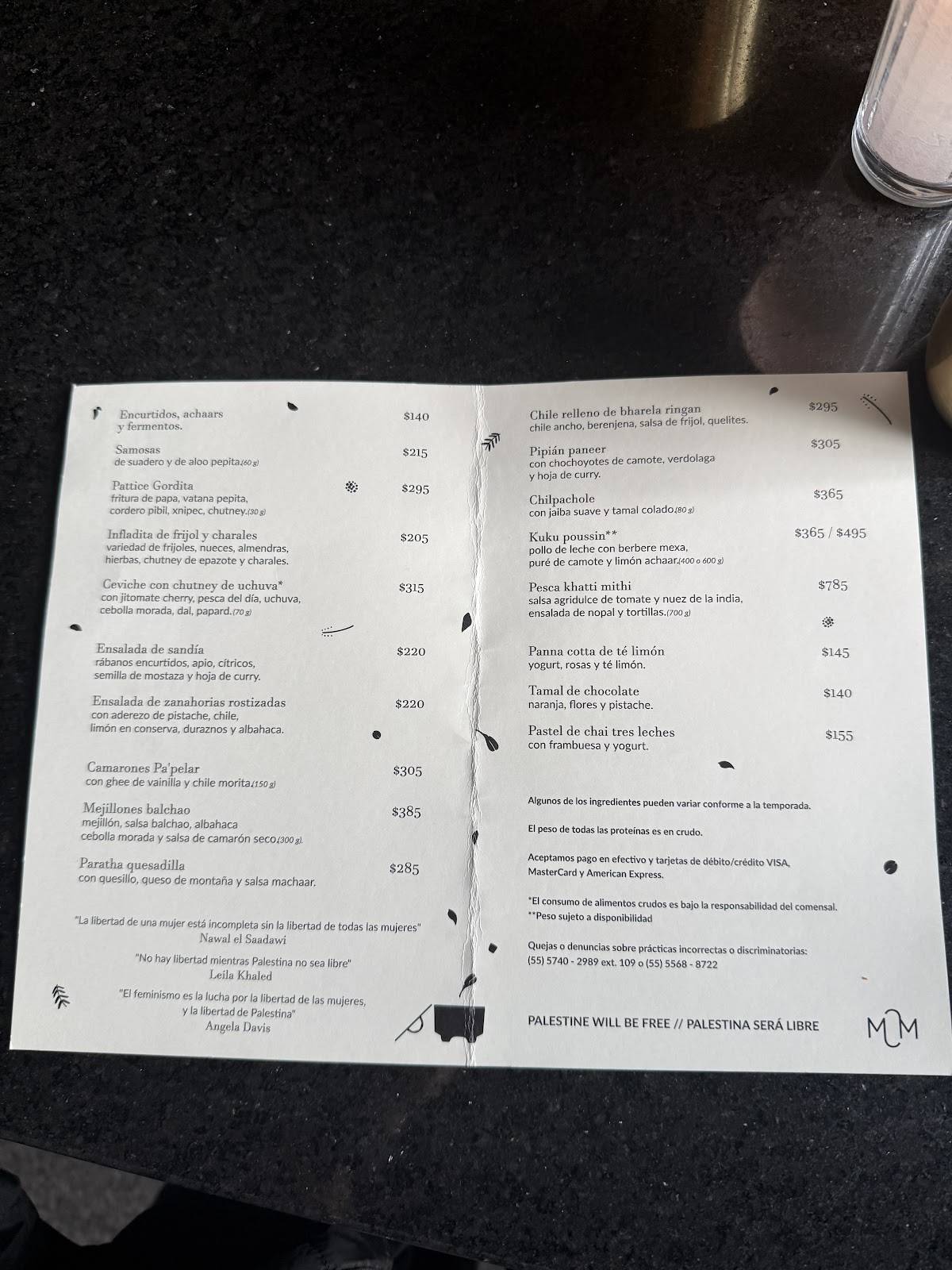Menu at Masala y Maíz restaurant, Ciudad López Mateos, Calle Marsella 72