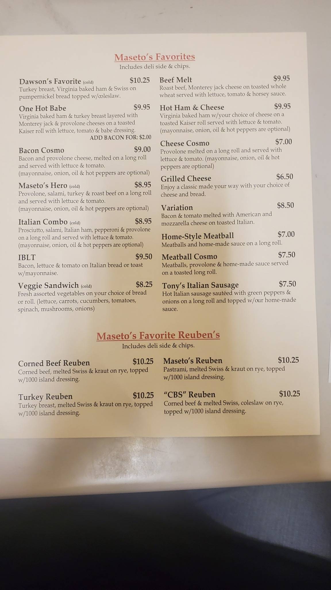 Menu at Maseto's restaurant, Williamsport, Kenwood Ave