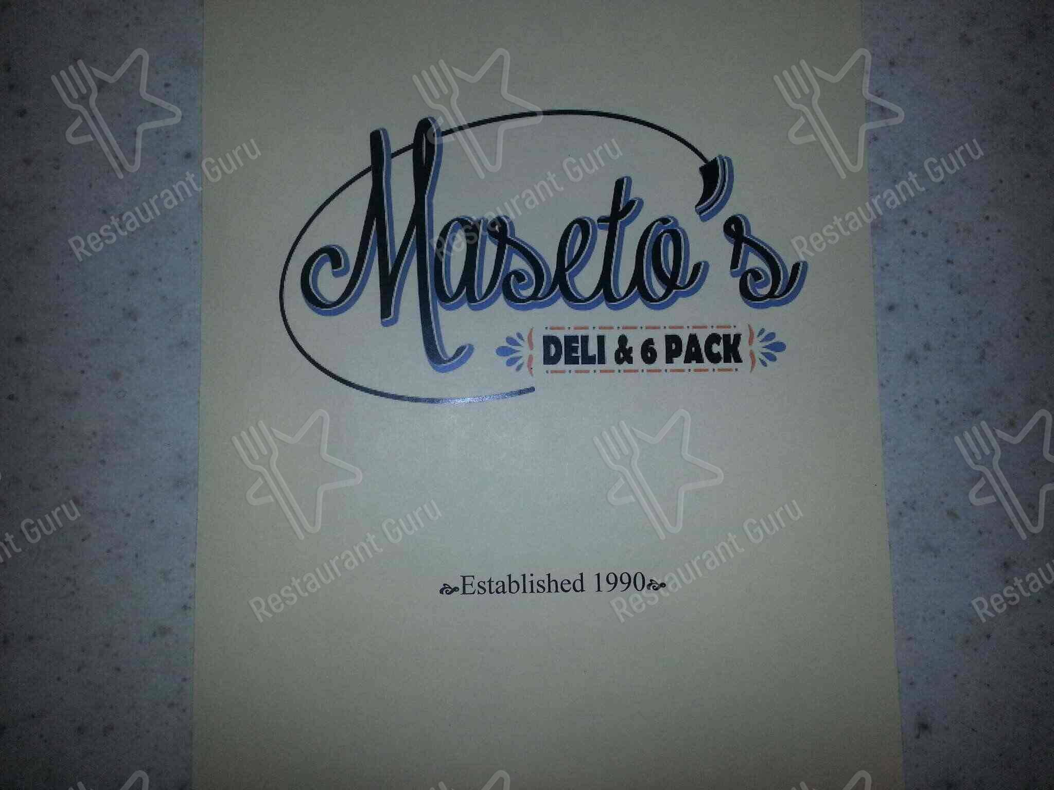 Menu at Maseto's restaurant, Williamsport, Kenwood Ave