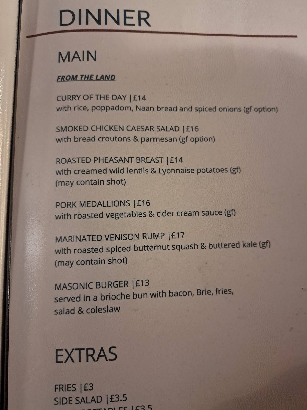 Carta del restaurante Masonic Arms, Gatehouse of Fleet