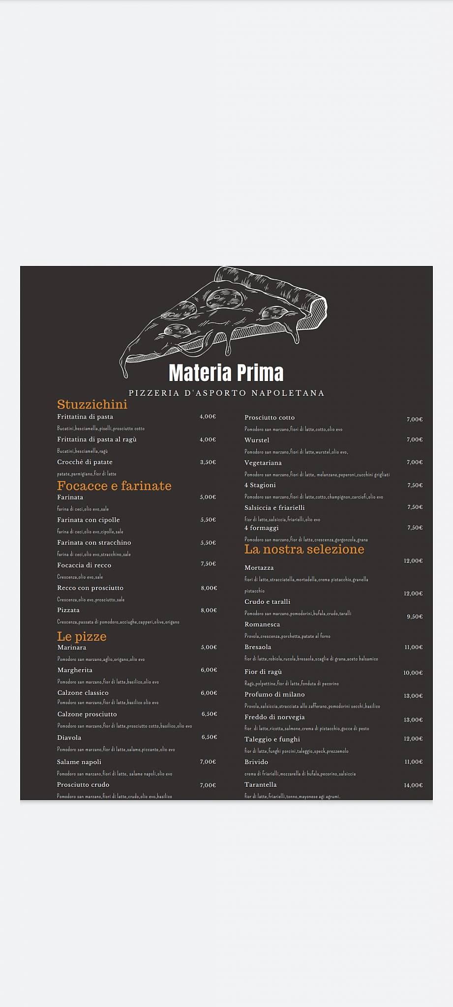 Menu au Materia Prima pizzeria, Genes