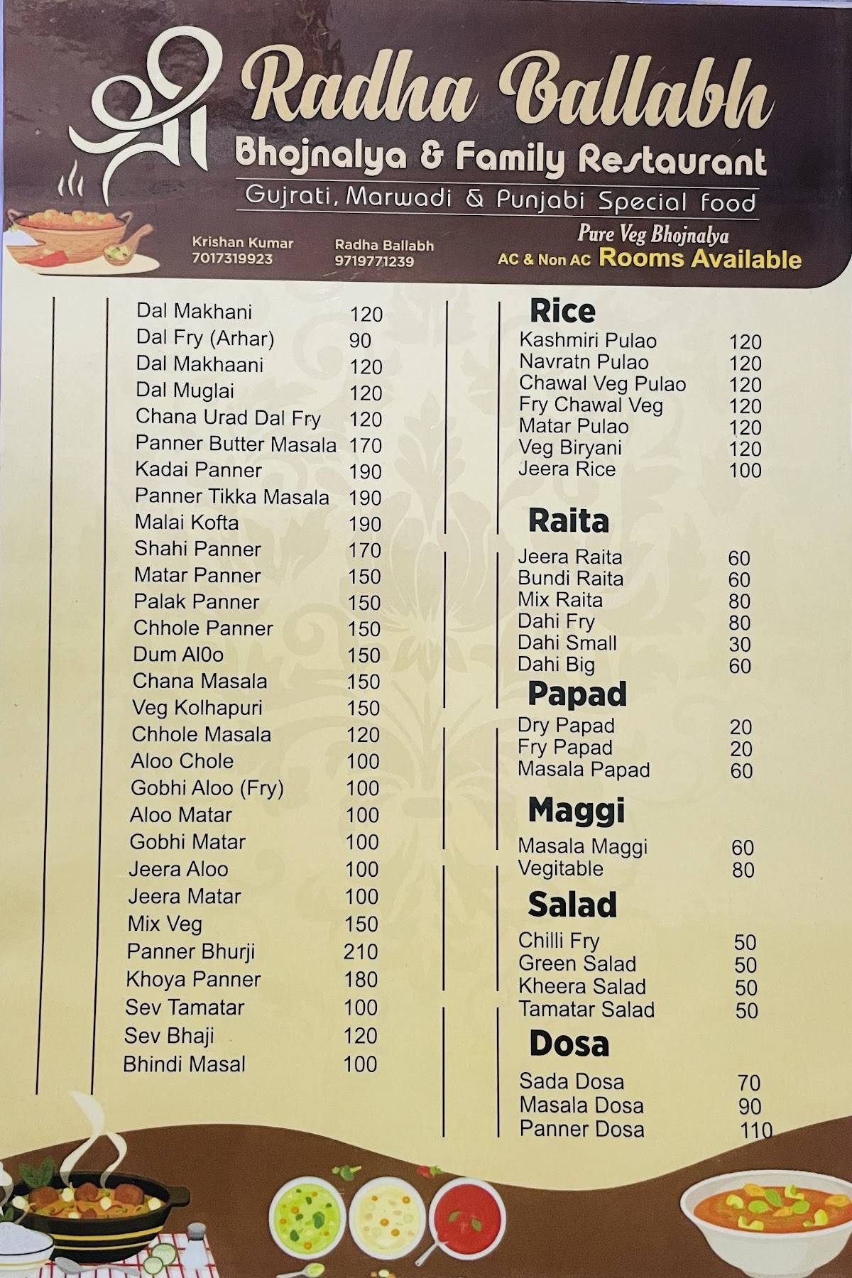 Menu at Shri Radha Ballabh Restaurant, Mathura