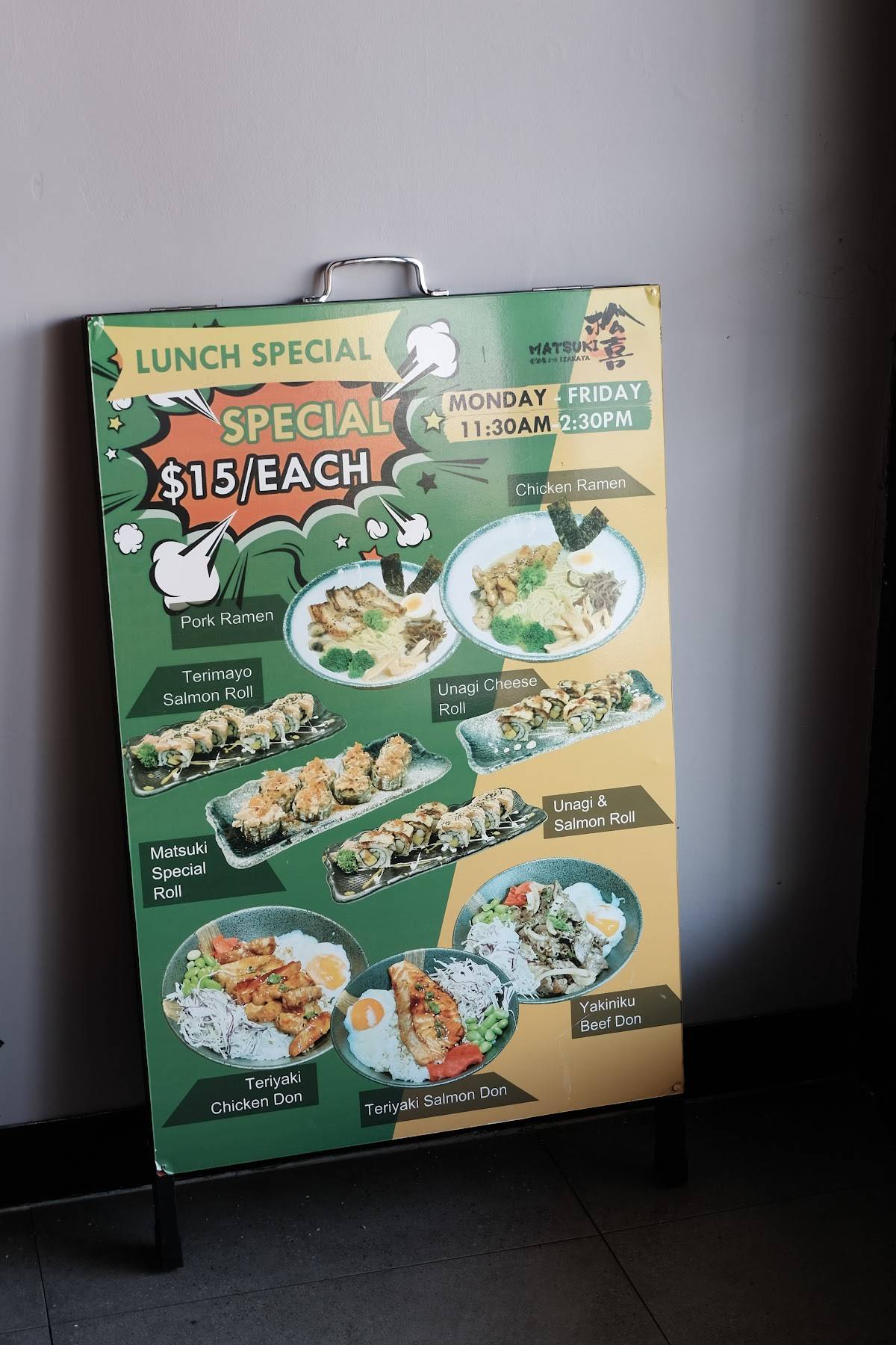 Menu at Matsuki Izakaya restaurant, Mount Waverley