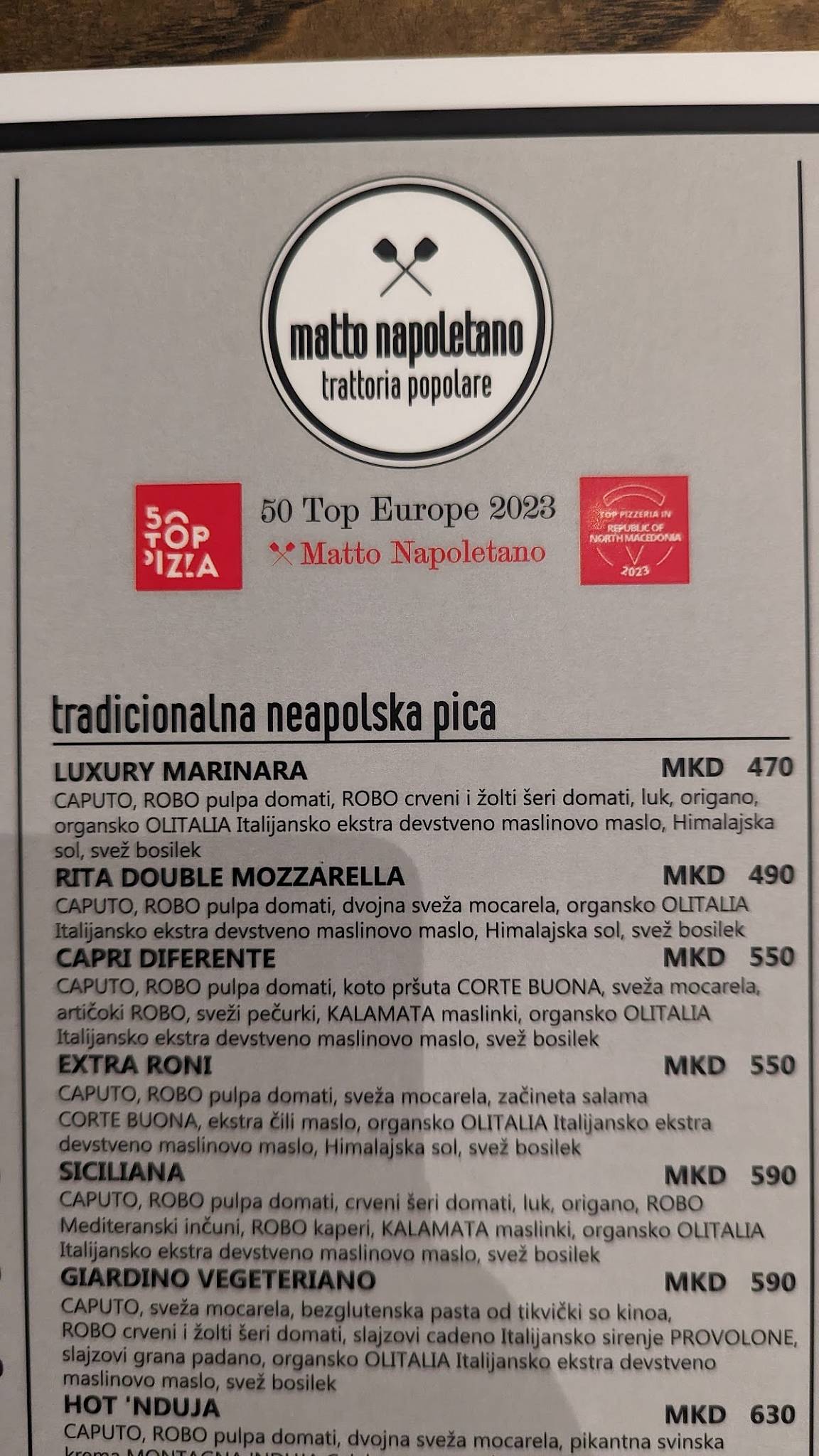 Menu at Matto Napoletano restaurant, Skopje