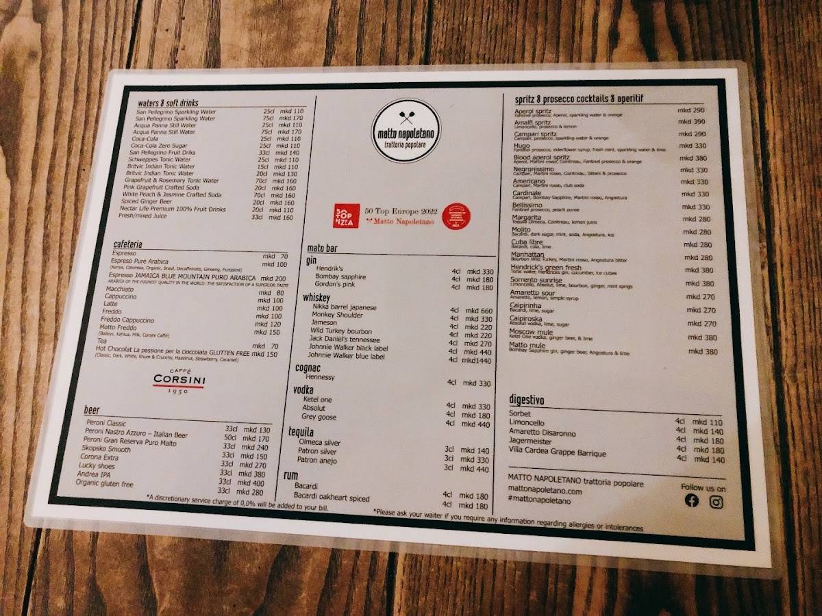 Menu at Matto Napoletano restaurant, Skopje