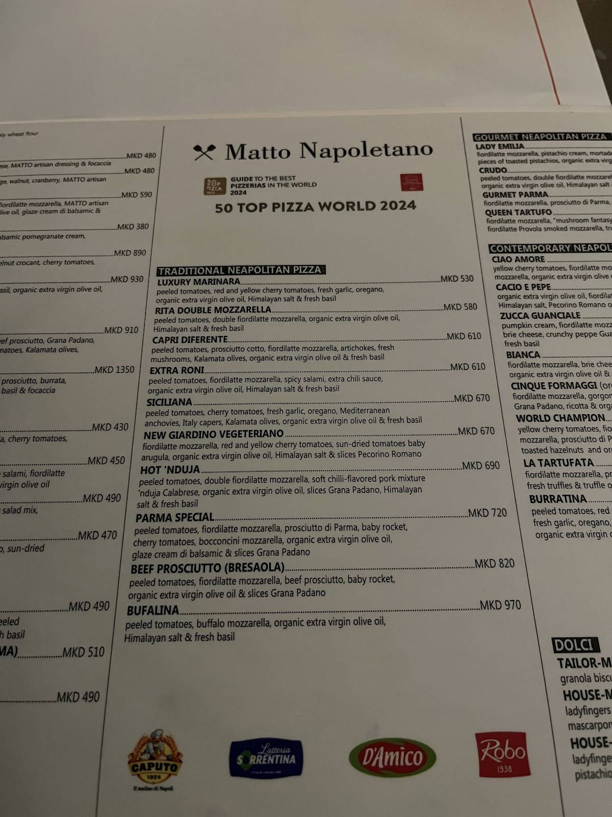 Menu at Matto Napoletano restaurant, Skopje
