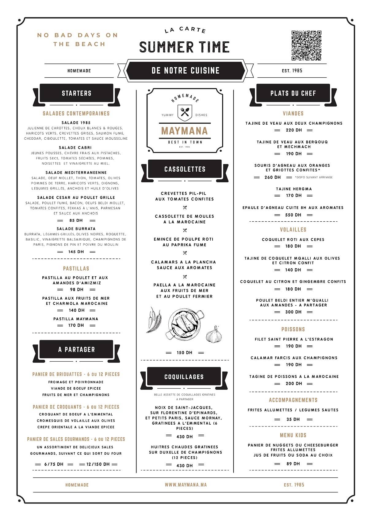 Menu au Maymana KABILA restaurant, Marina Smir