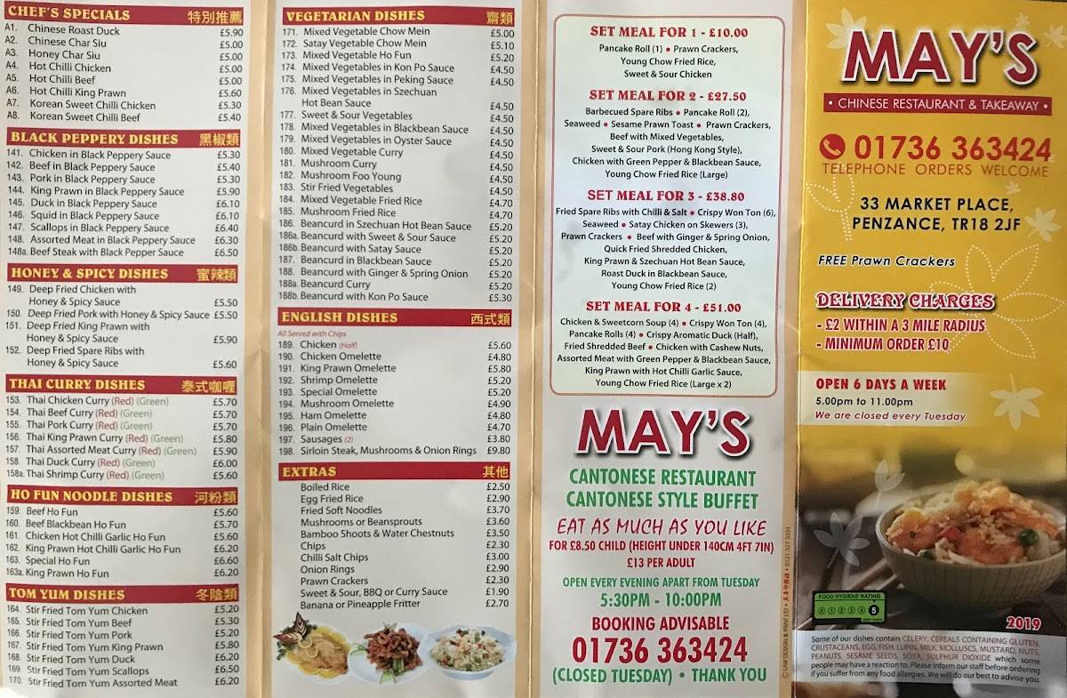 Menu at May's Chinese restaurant, Penzance