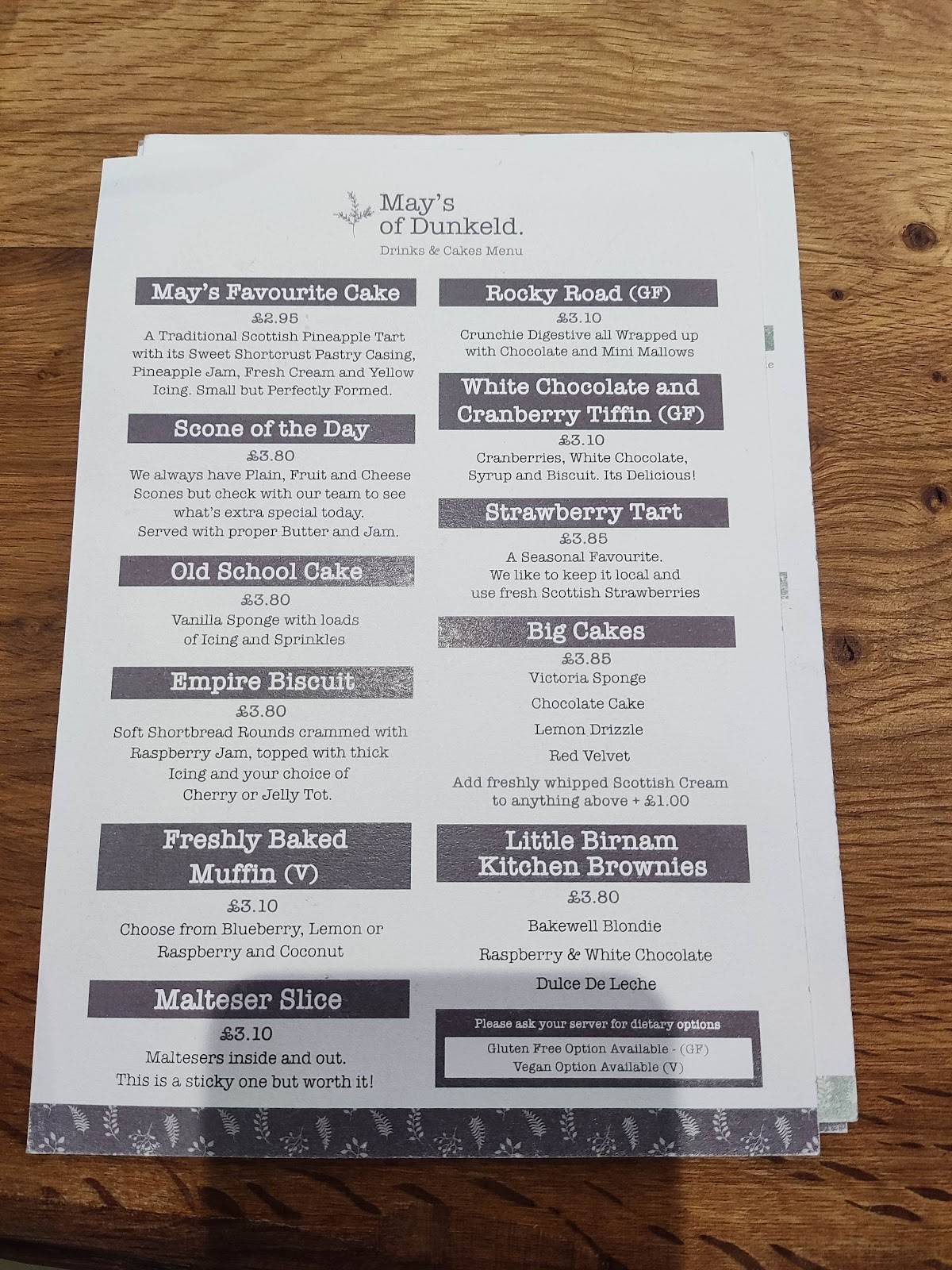 Menu at May's of Dunkeld cafe, Dunkeld