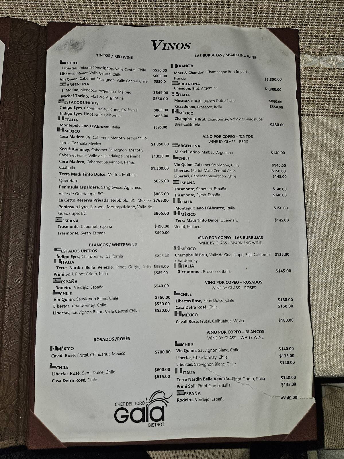 Menu at Gaia Bistrot restaurant, Mazatlán
