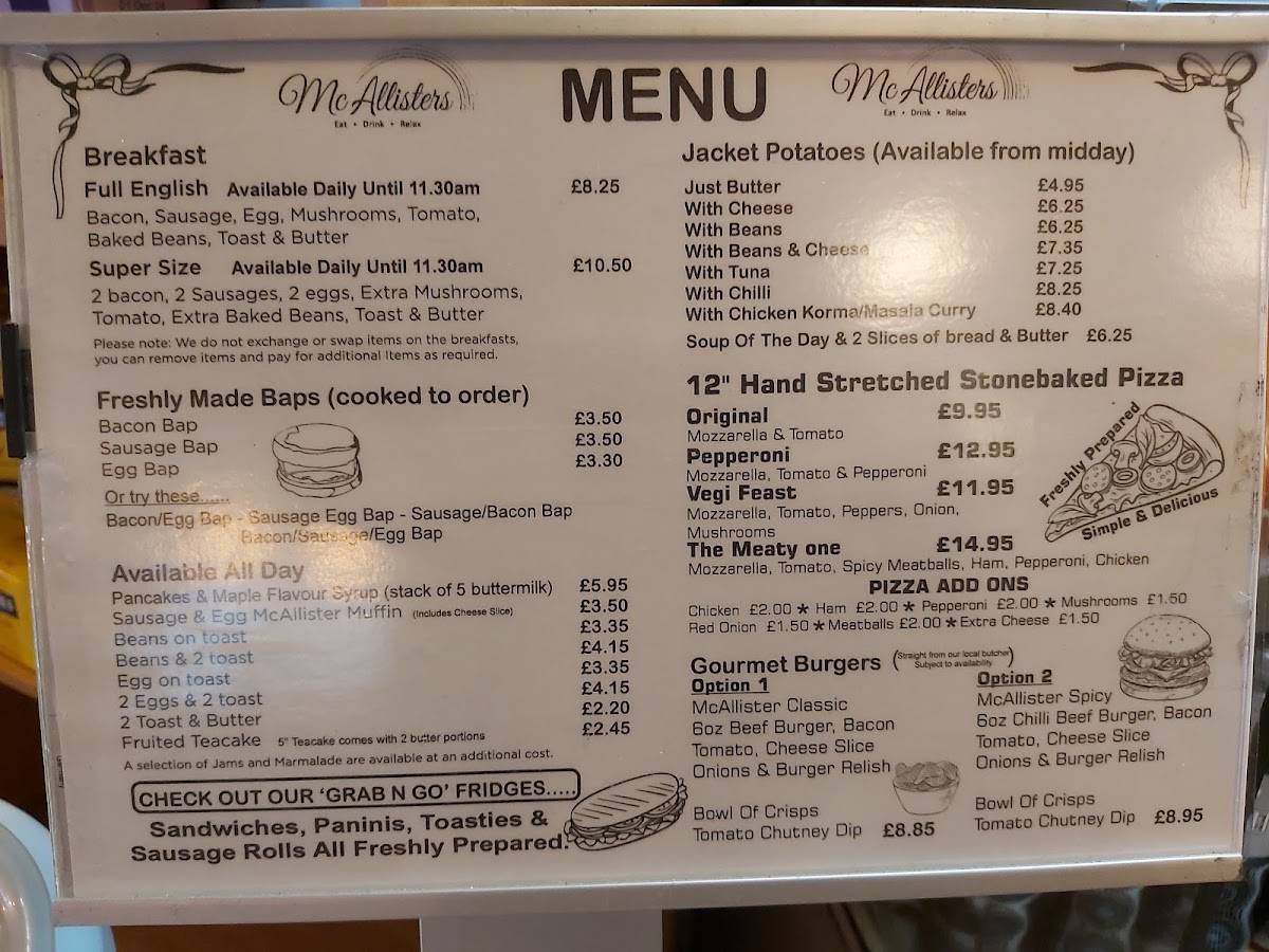 Menu at McAllisters cafe, Swanage