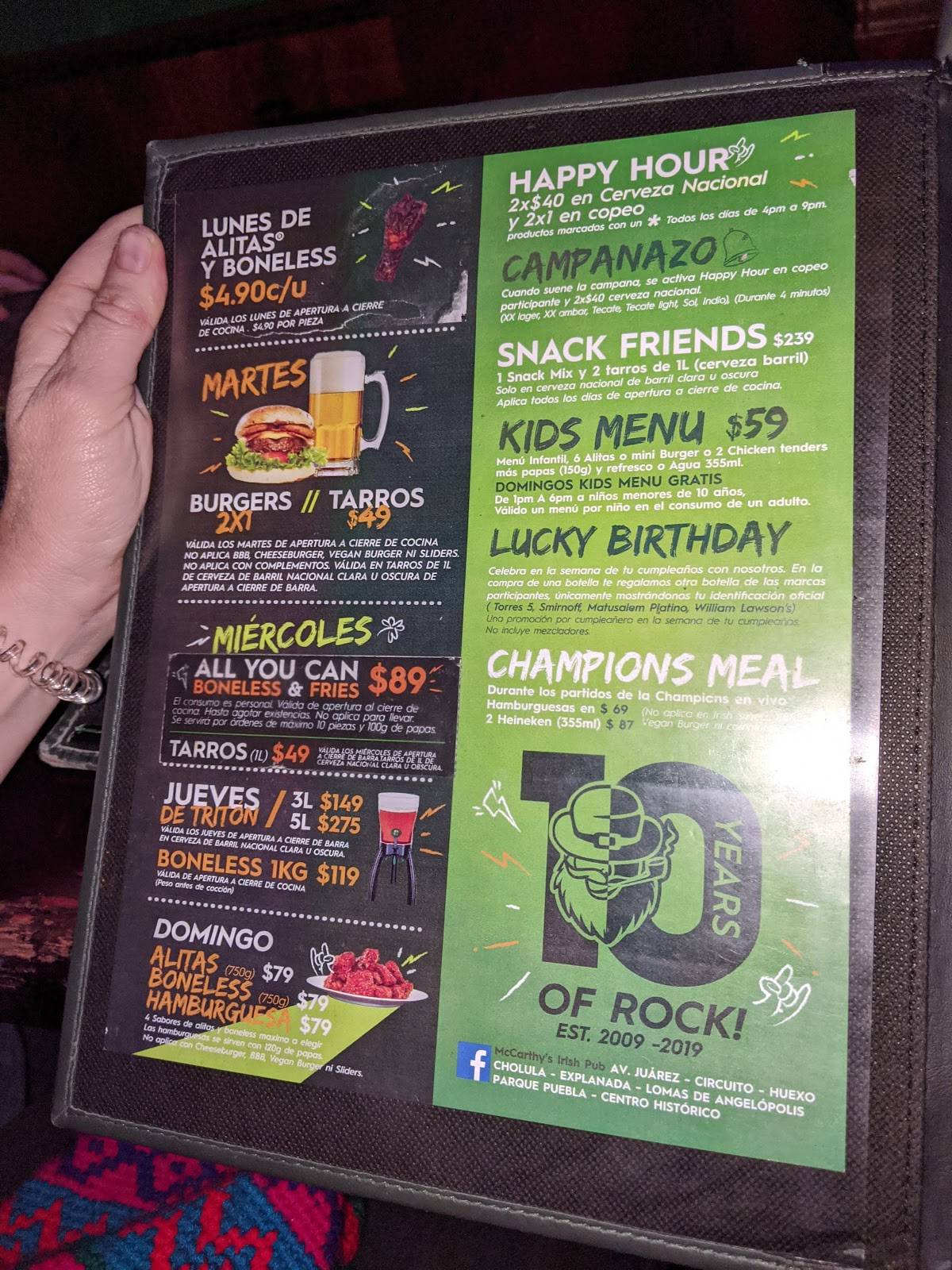 Carta de McCarthy's Irish Pub, Heroica Puebla de Zaragoza, Cto Juan ...