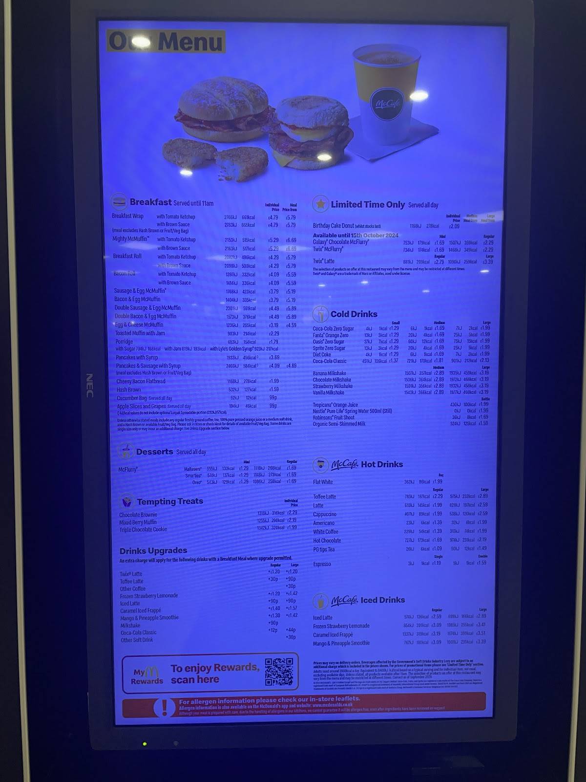 Menu at McDonald's fast food, Elton, Chester Motorway Service Area M56