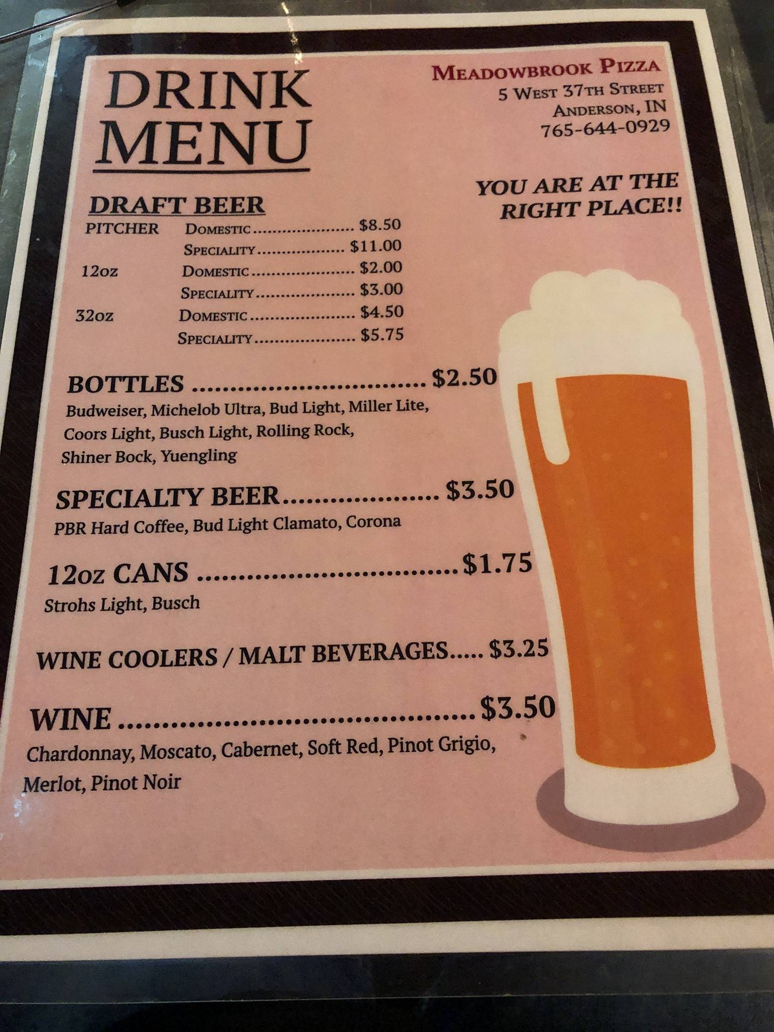 Menu at Meadowbrook Pizza pizzeria, Anderson