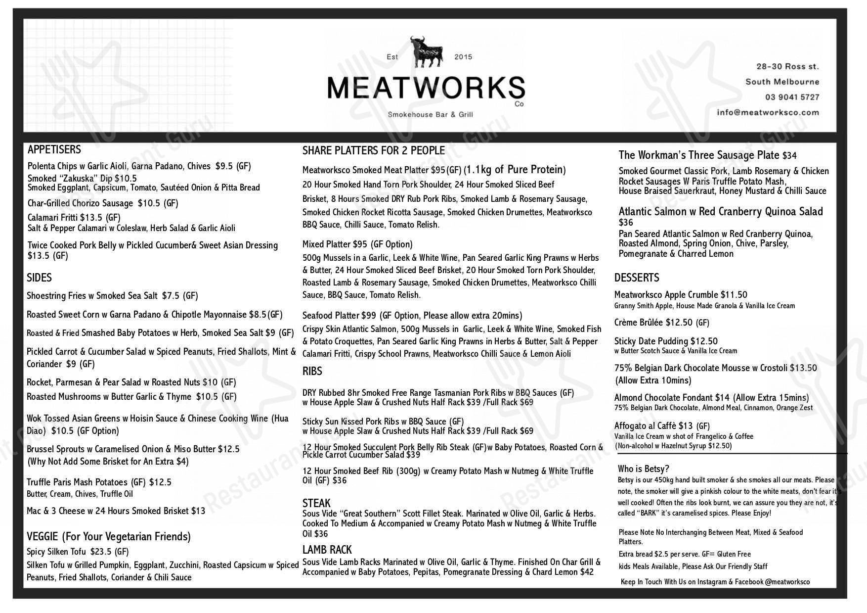 Menu at Meatworksco pub & bar, South Melbourne