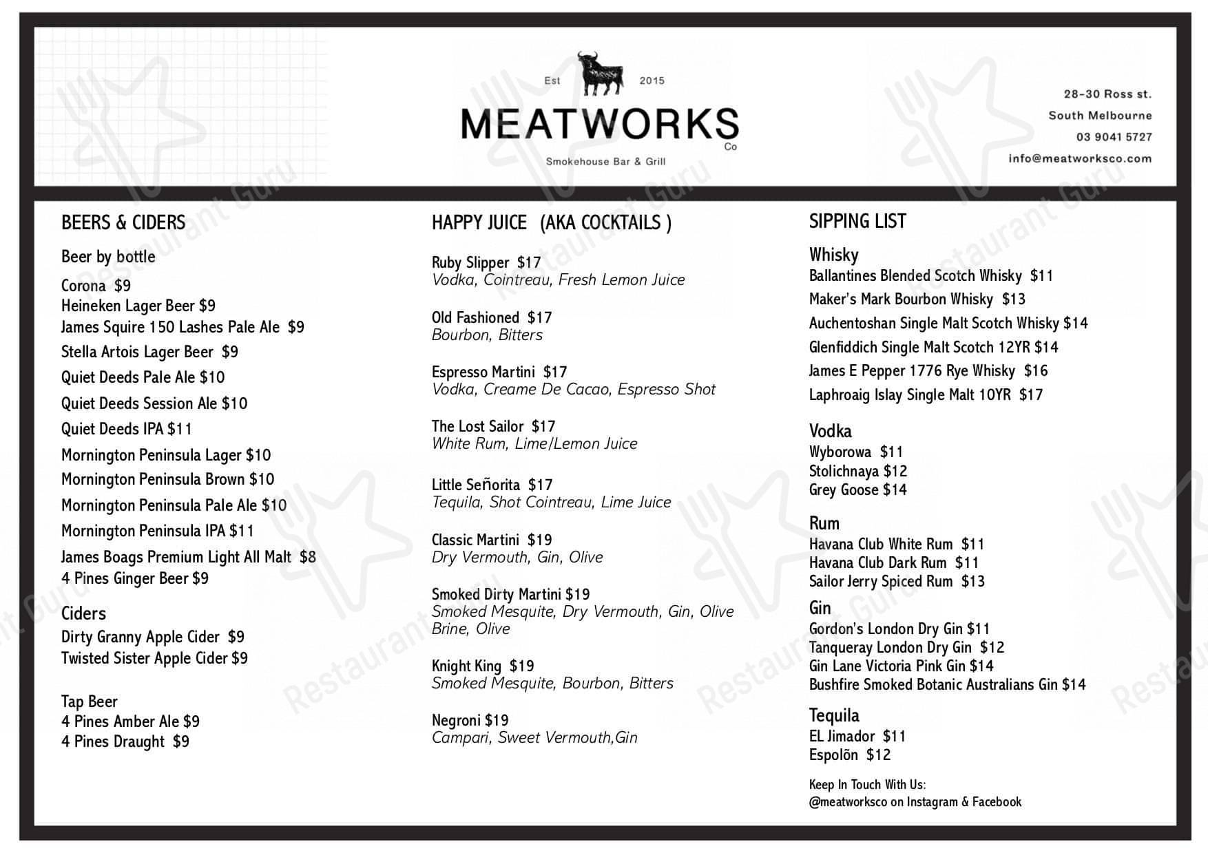 Menu at Meatworksco pub & bar, South Melbourne