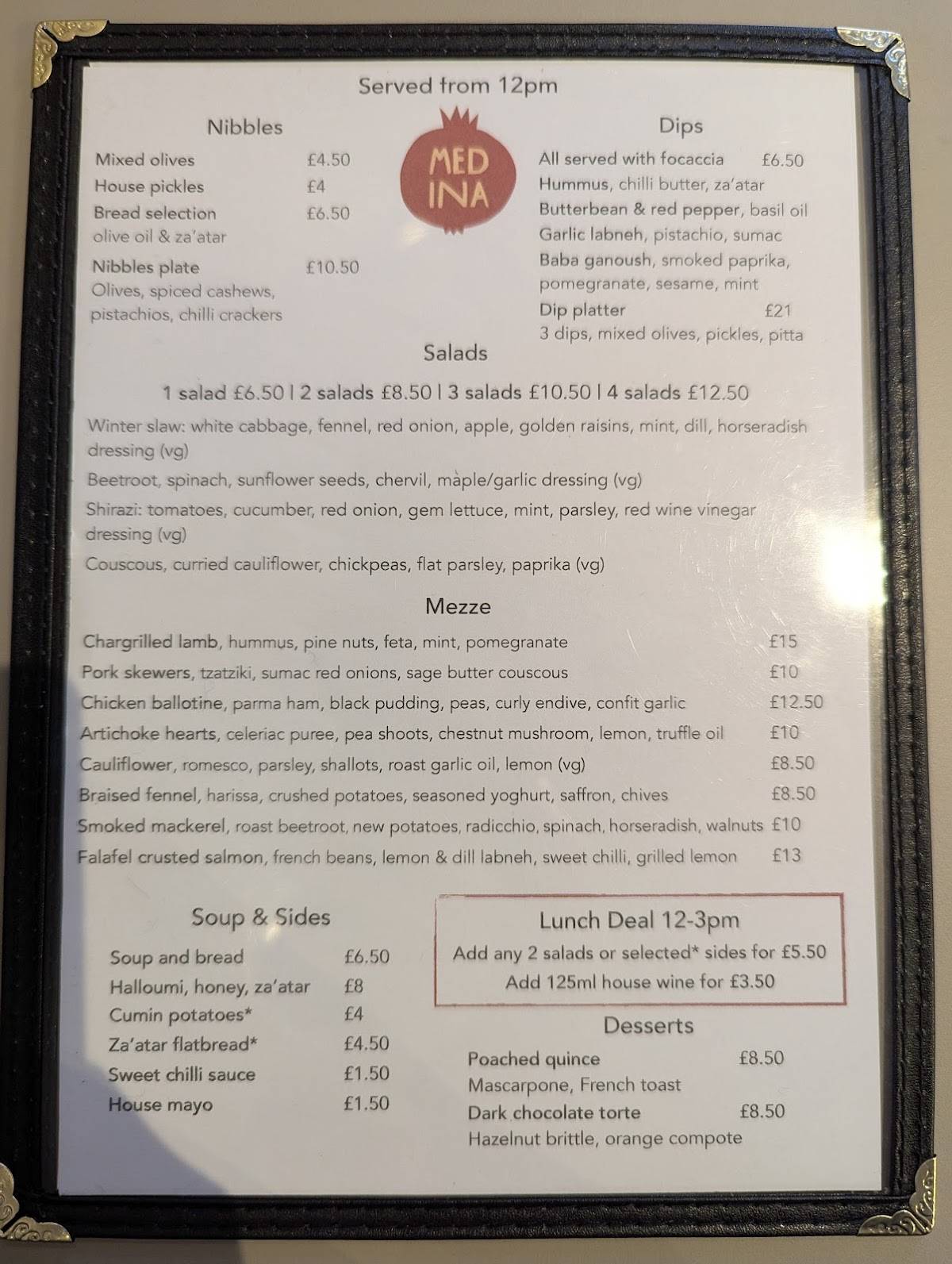 Menu at Medina restaurant, Aberystwyth