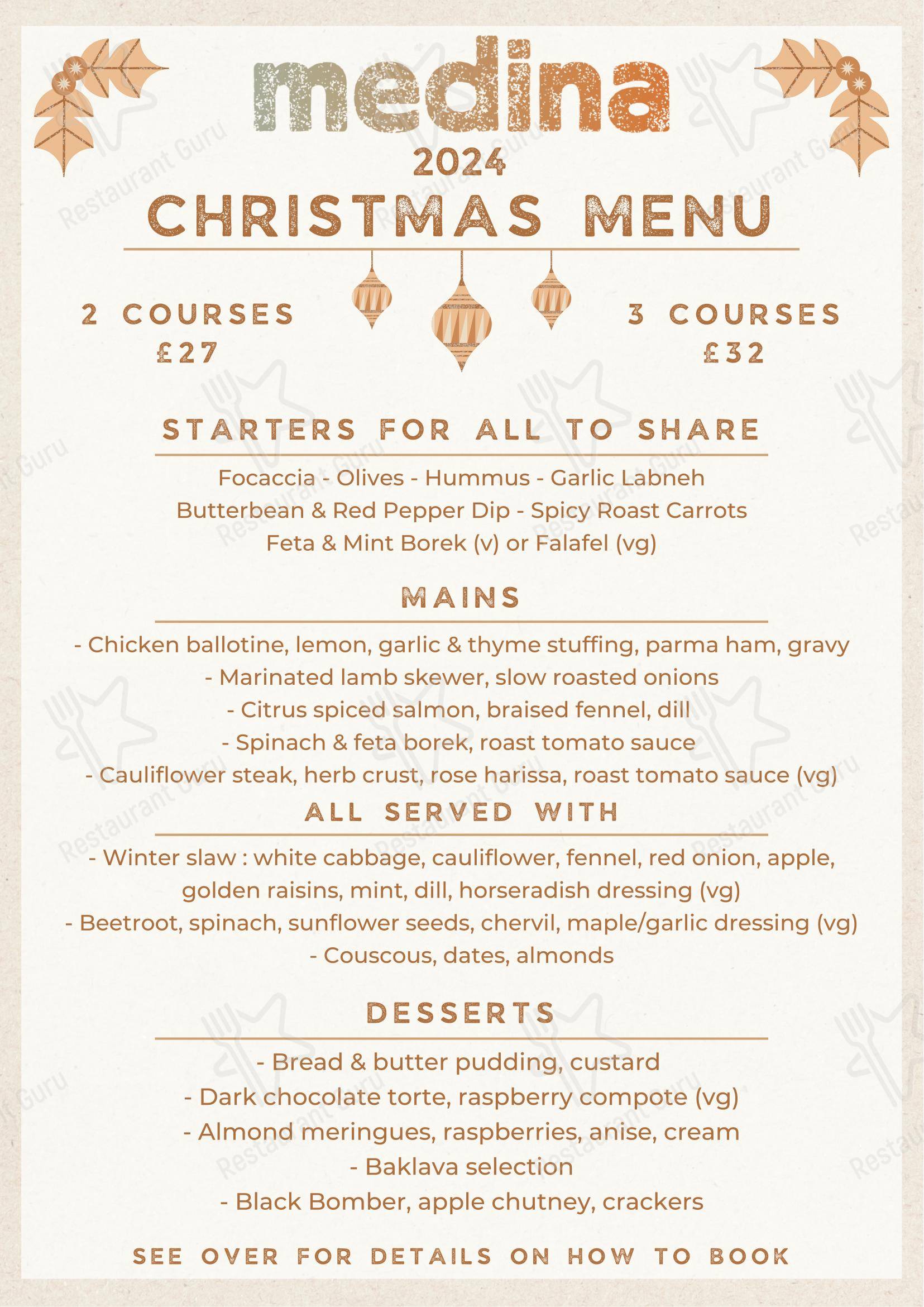 Menu at Medina restaurant, Aberystwyth