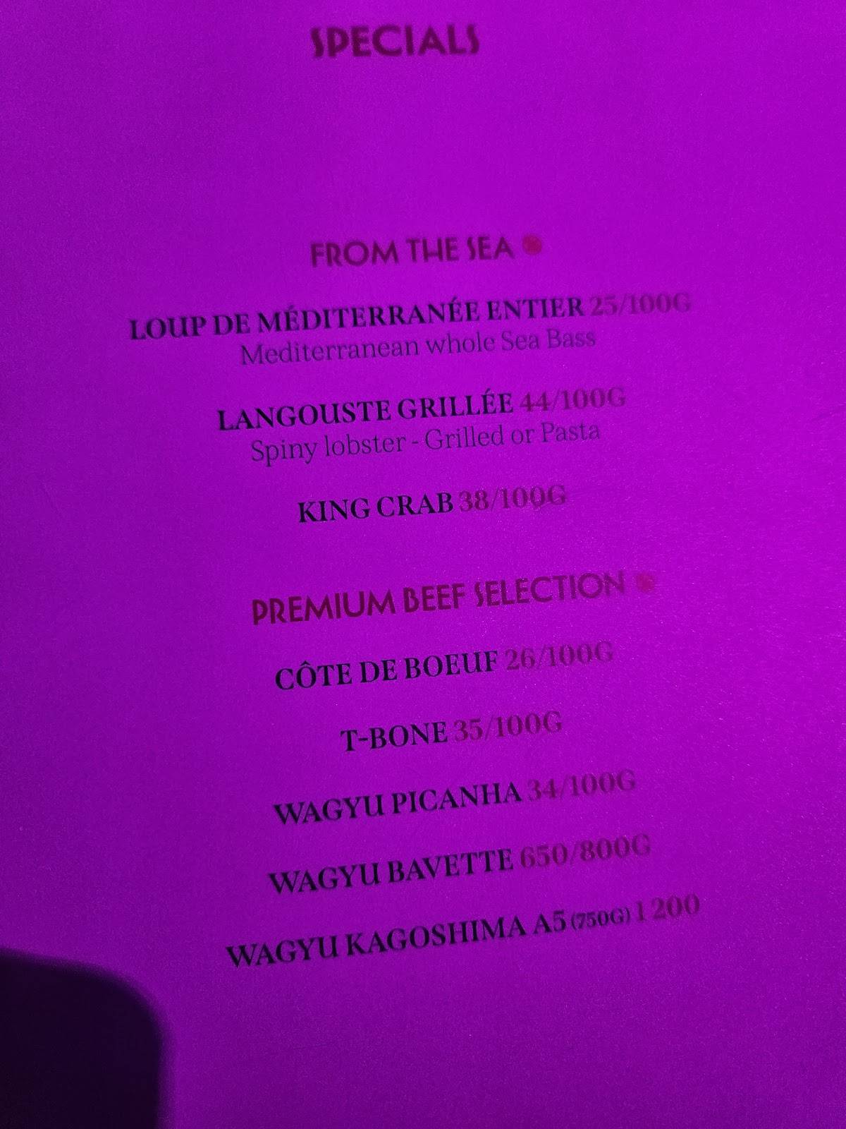 Menu at Medusa Cannes restaurant, Cannes