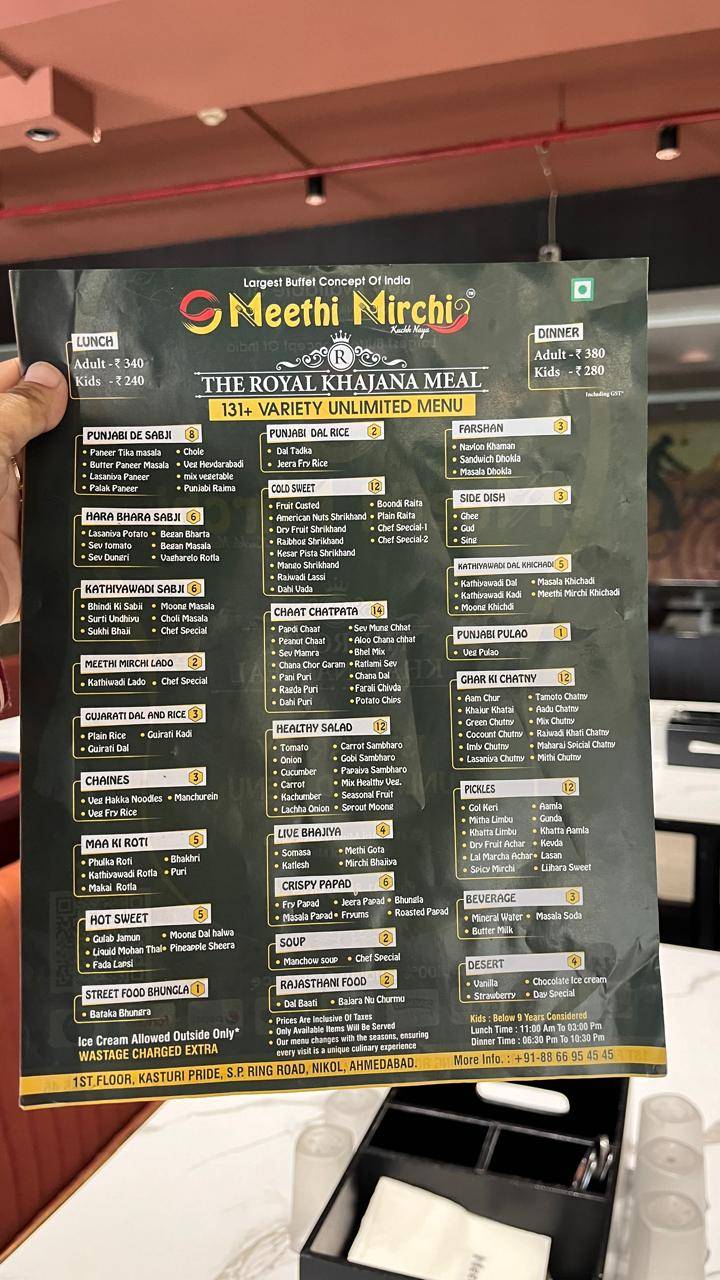 Menu at Meethi Mirchi Restaurant, Ahmedabad