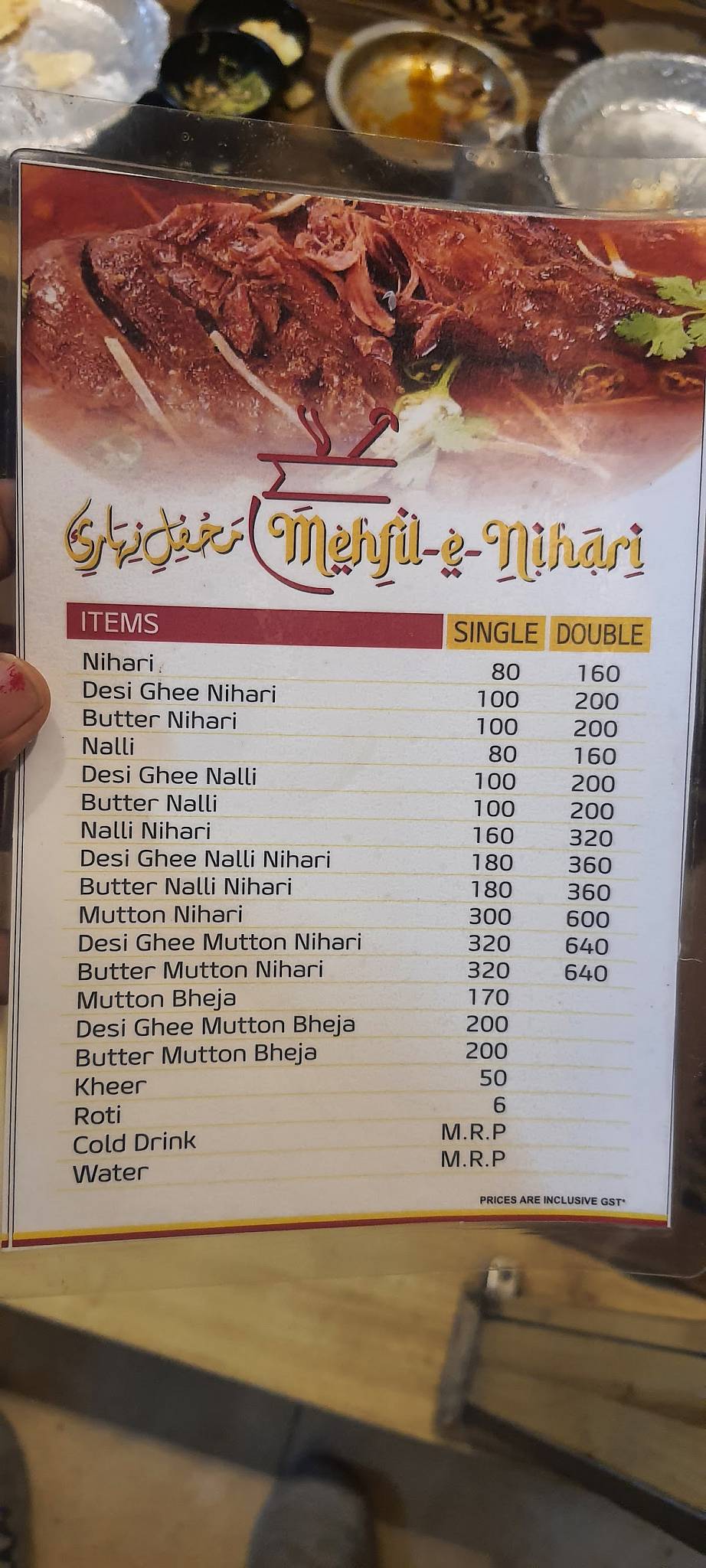 Menu at Mehfil E Nihari, Delhi