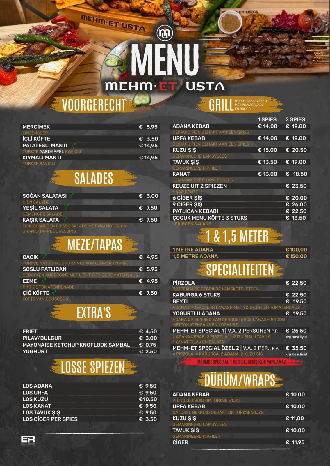 Menu at Mehmet Usta, The Hague