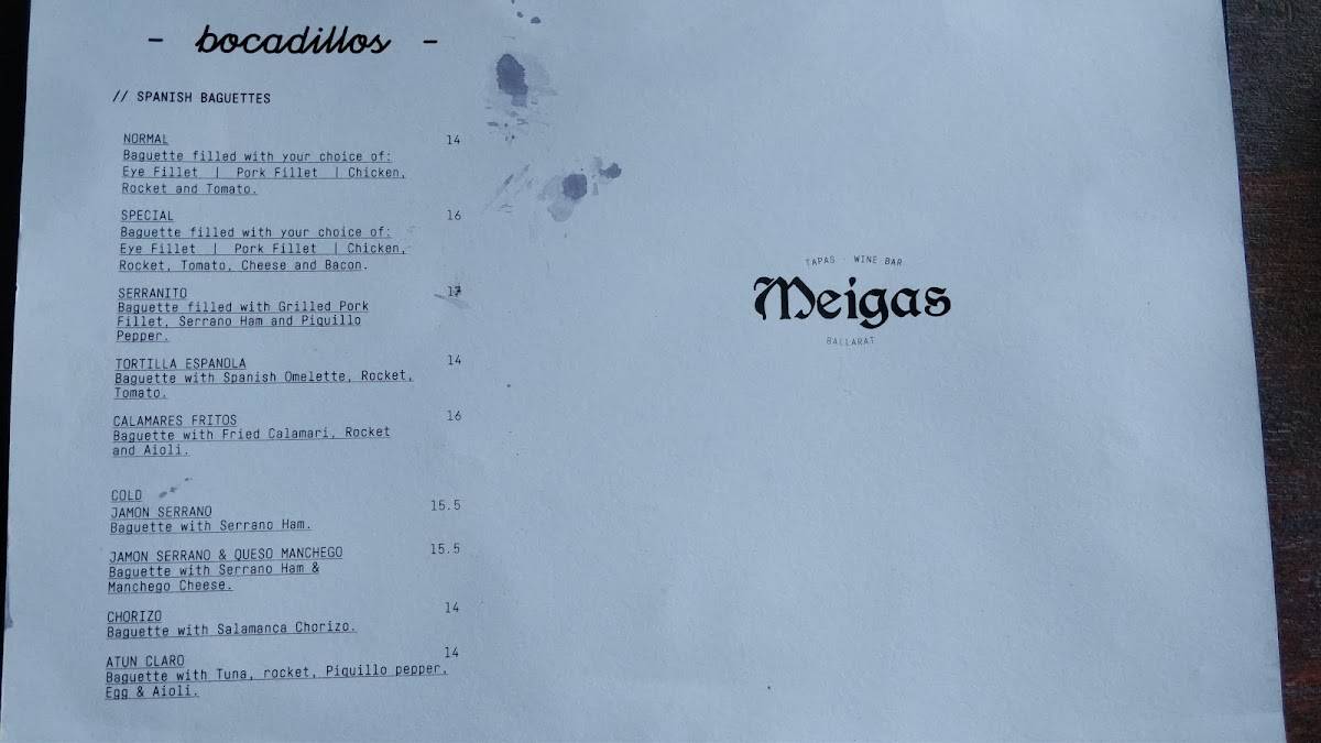 Menu at Meigas restaurant, Ballarat Central