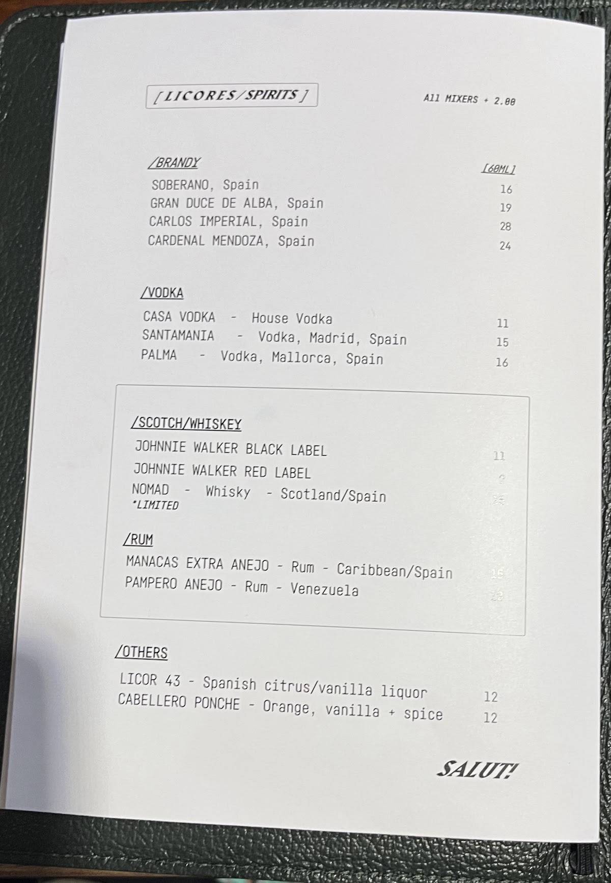 Carta del restaurante Meigas, Ballarat