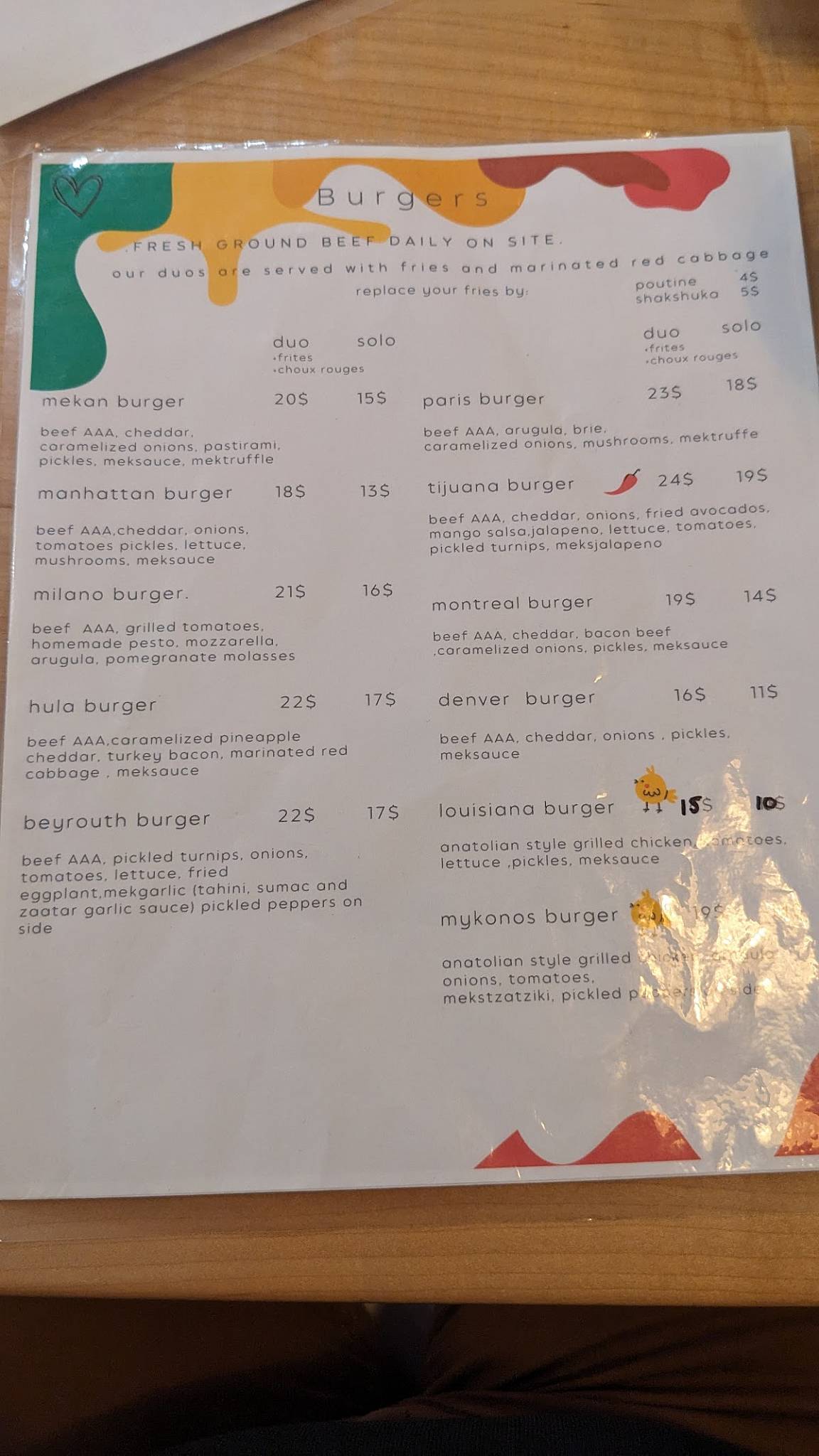 Carta del restaurante Mekan & Beyond- Burger Authentique, Montréal