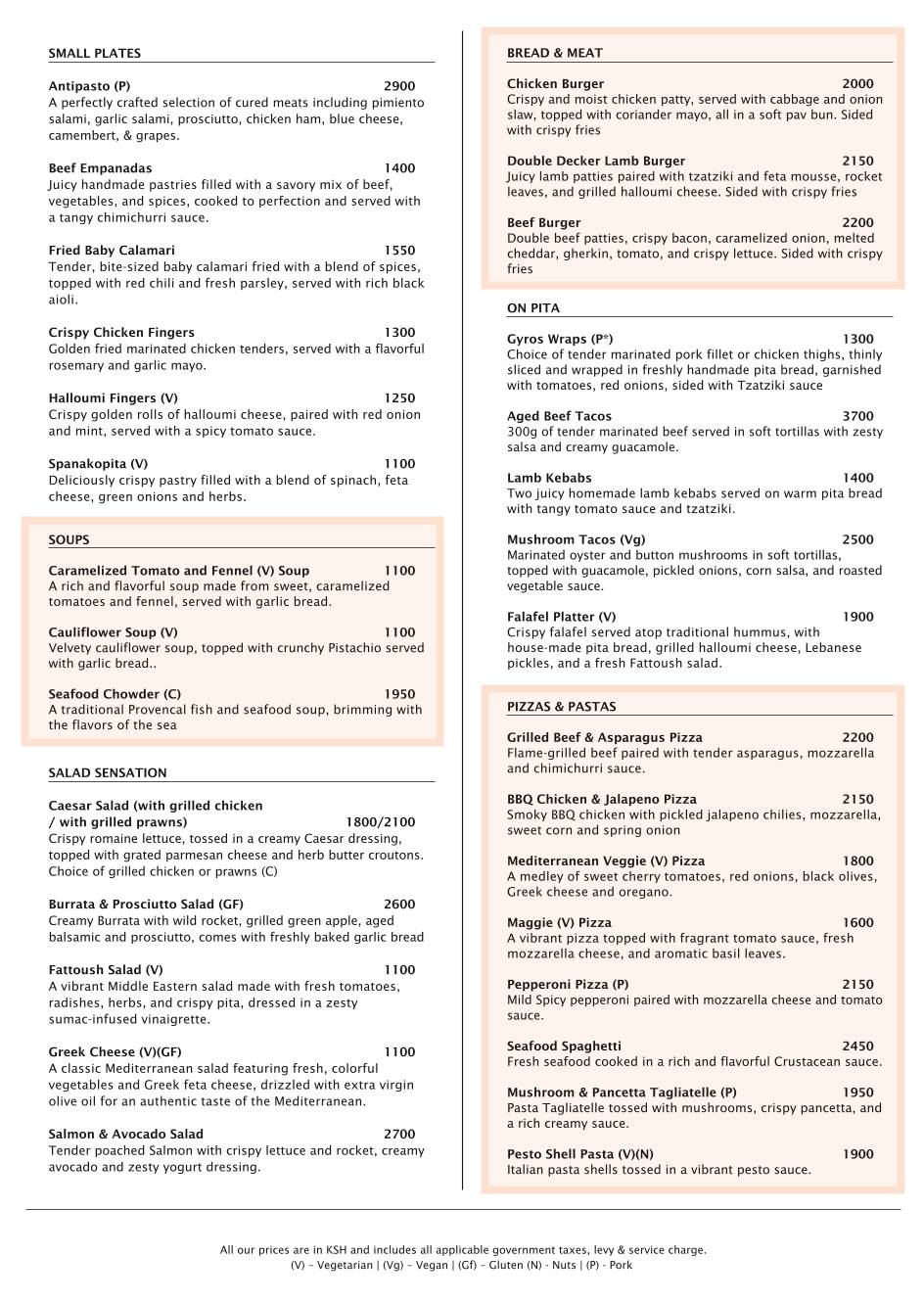 Menu at Meko restaurant, Nairobi