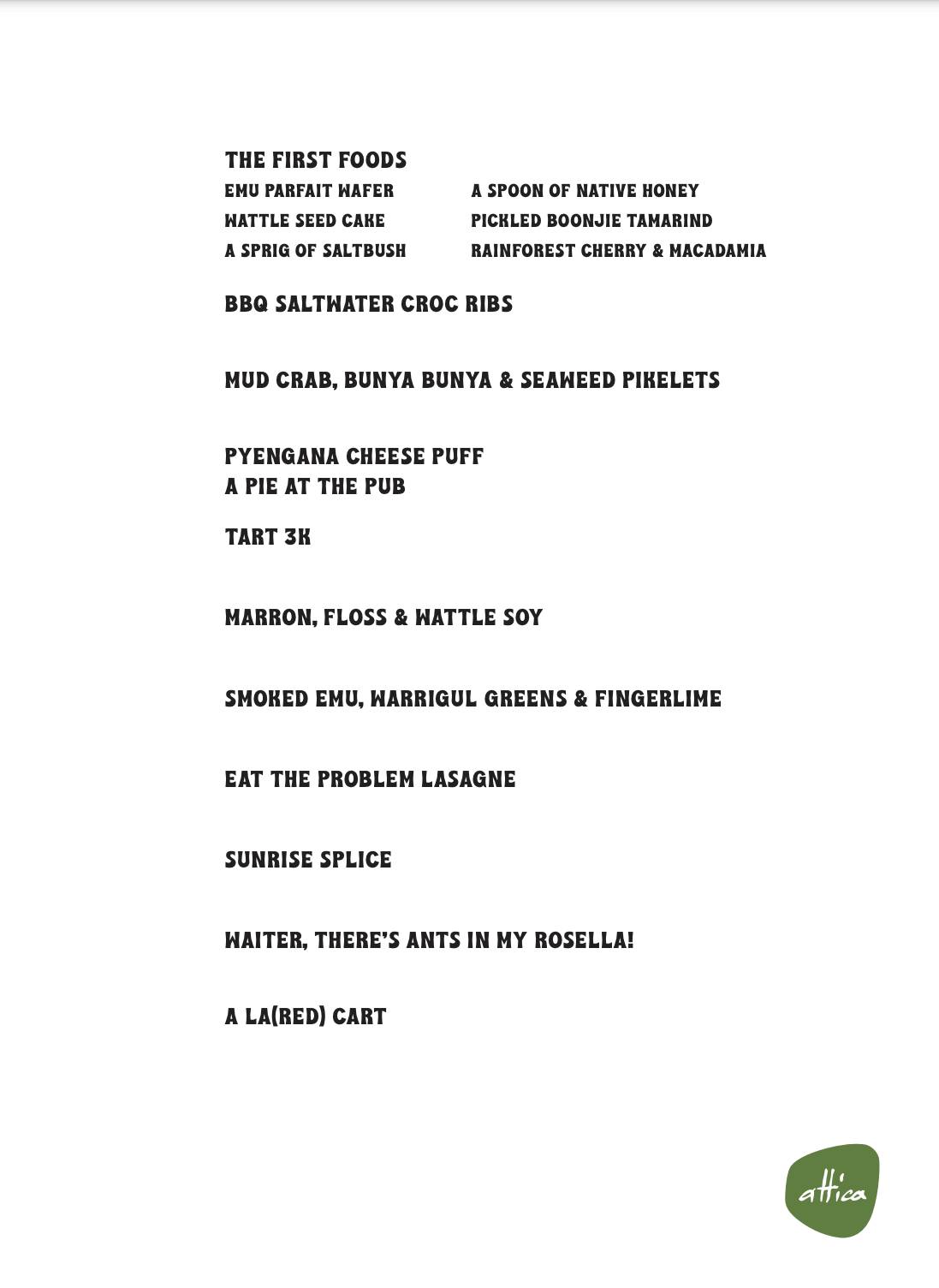Menu at Attica pub & bar, Ripponlea