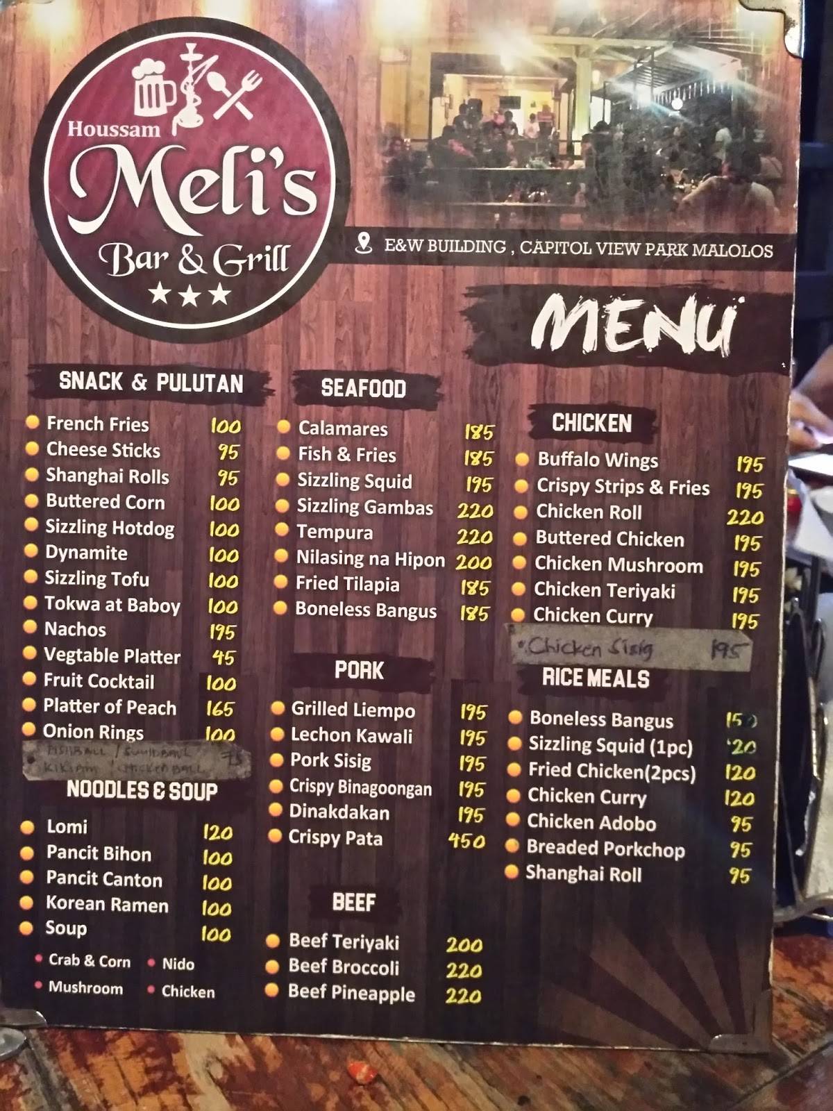 Menu at Meli's restaurant, Malolos