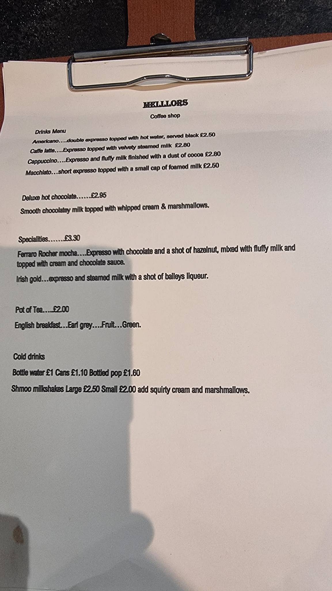 Menu at Mellor Sandwich Bar & Coffee Shop, Doncaster