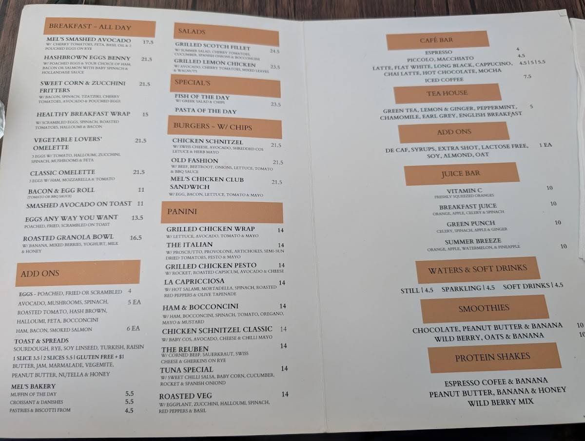 Menu at Mel’s Kitchen cafe, Chatswood